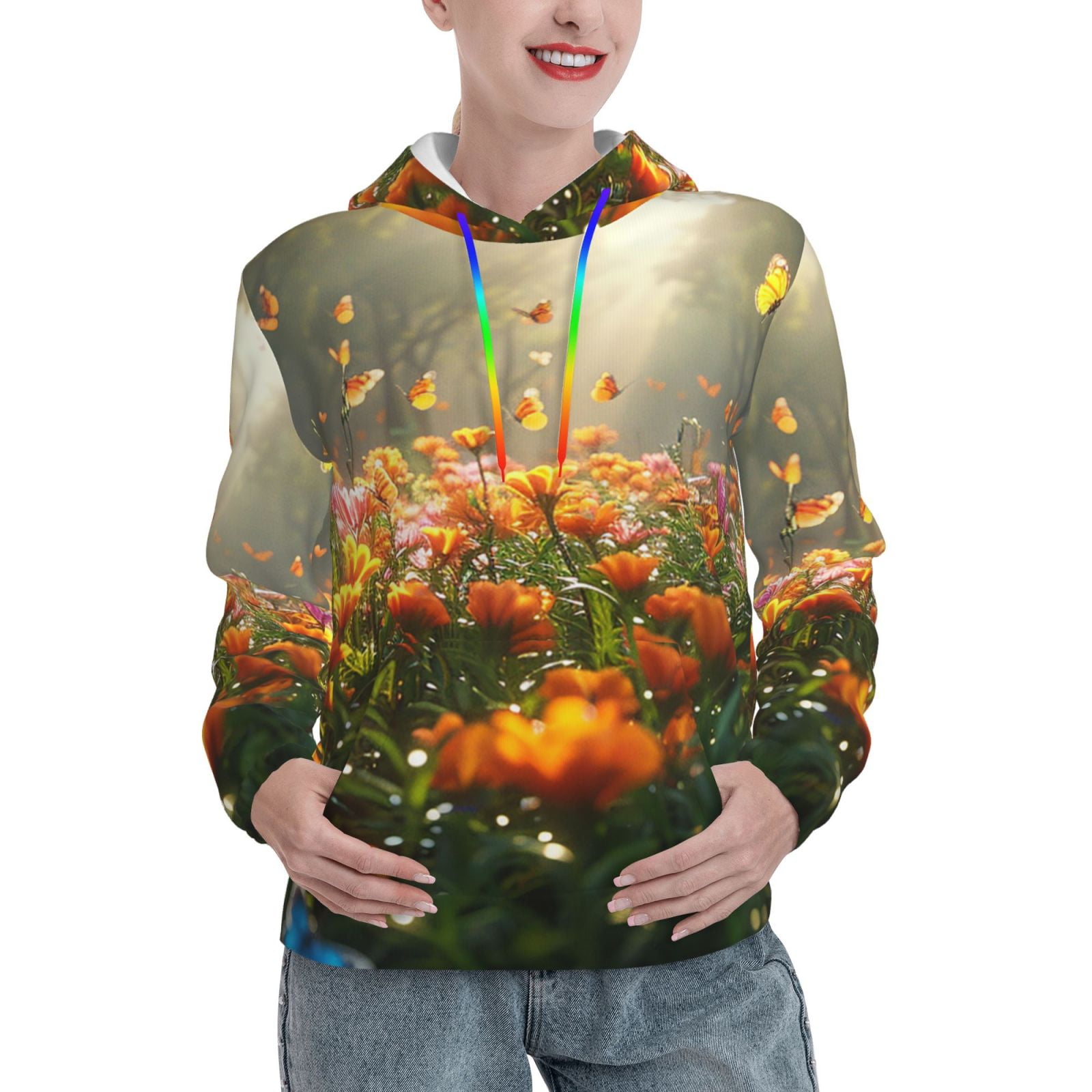 Cauagu Butterflies In Flower Field for Women's Hooded Sweatshirts Pullover Hoodie for Women Fall ...