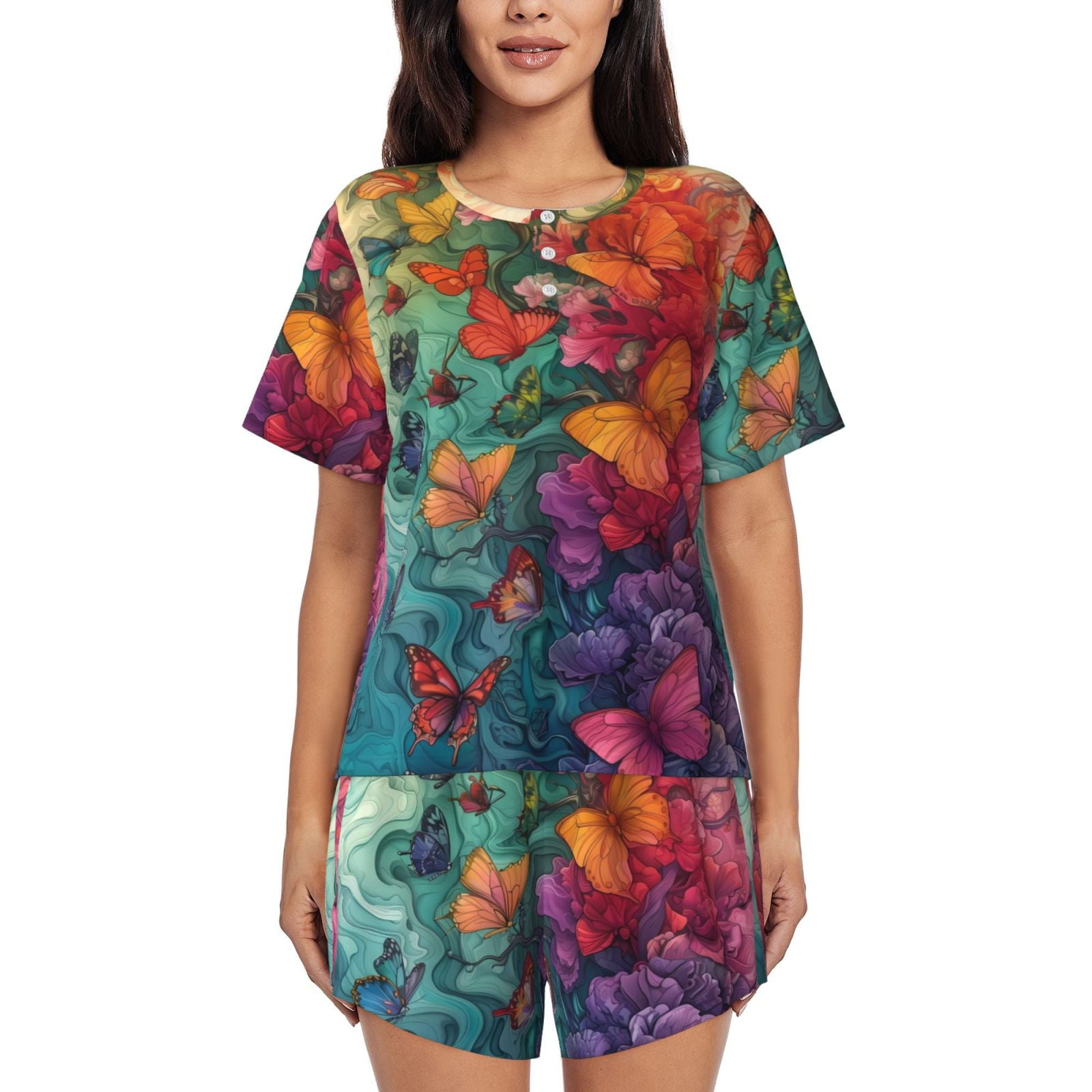 Cauagu Butterfly Flower Cascade for Women's Round Neck Pajama Set,Short ...