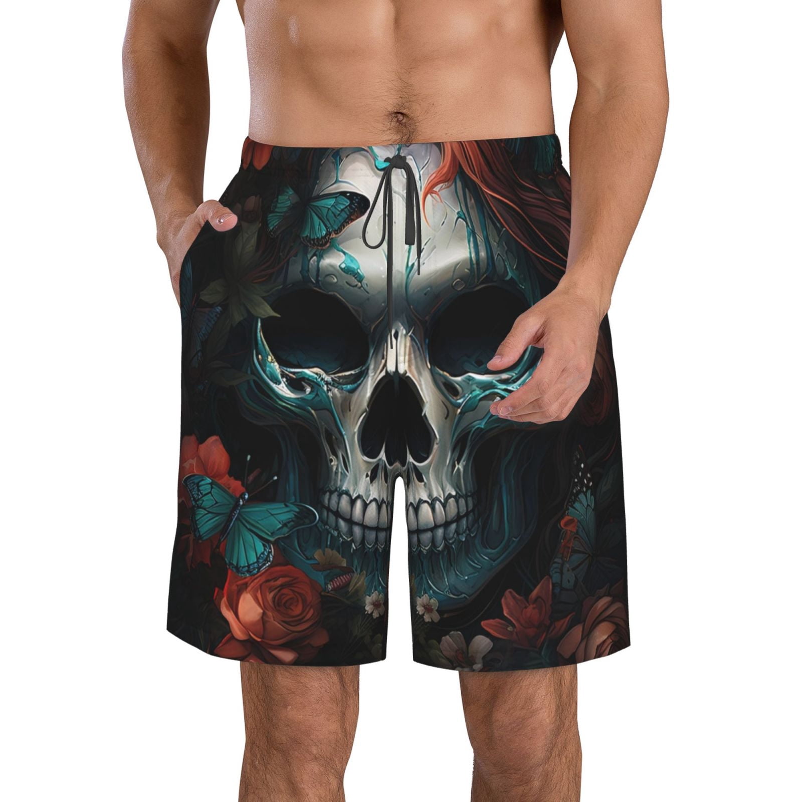 Cauagu Butterfly Flower Skull Print Men's Swim Trunks,Hawaiian Bathing ...