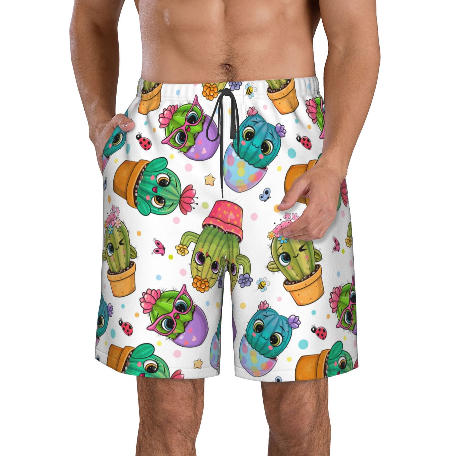 Cauagu Cactus And Insects Print Men's Swim Trunks,Hawaiian Bathing Suit ...