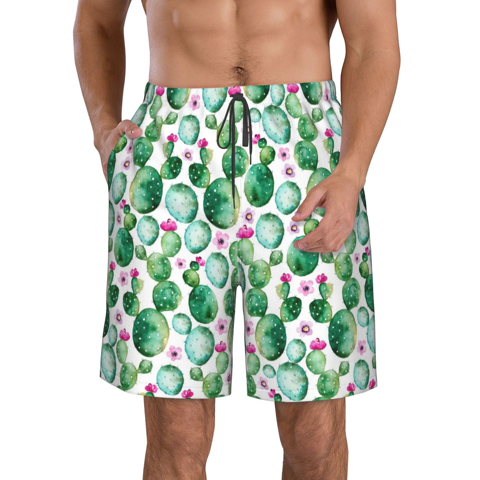 Cauagu Cactus Plants Print Men's Swim Trunks,Hawaiian Bathing Suit ...
