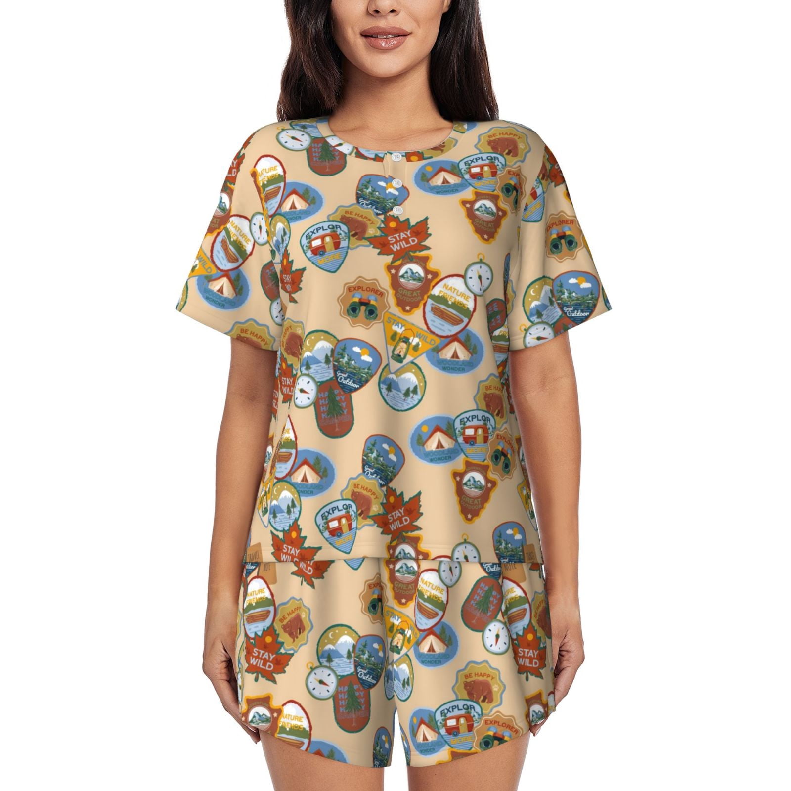 Cauagu Camp Badge for Women's Round Neck Pajama Set,Short-Sleeved ...