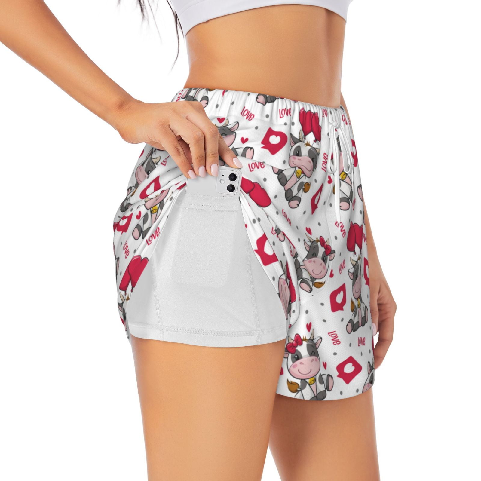 Cauagu Caring Cow Print Women's 2 in 1 Running Shorts Athletic Workout ...