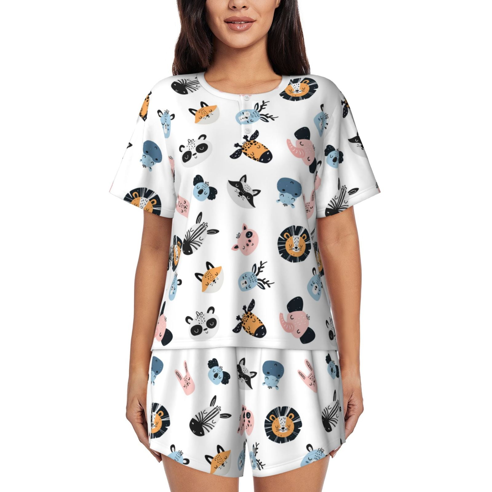 Cauagu Cartoon Animals for Women's Round Neck Pajama Set,Short-Sleeved ...