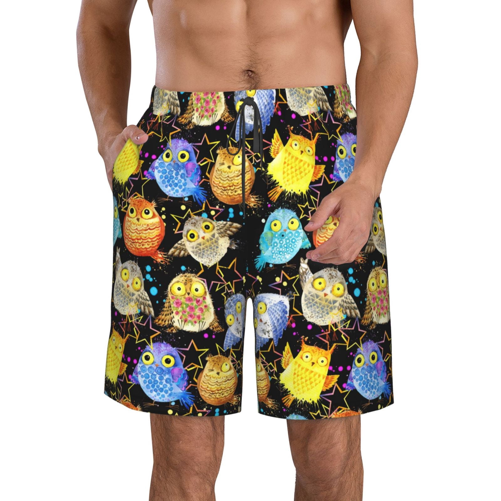 Cauagu Cartoon Bird Owl Print Men's Swim Trunks,Hawaiian Bathing Suit ...