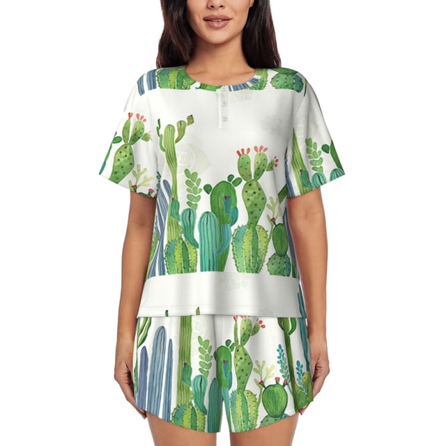 Cauagu Cartoon Cactus for Women's Round Neck Pajama Set,Short-Sleeved ...