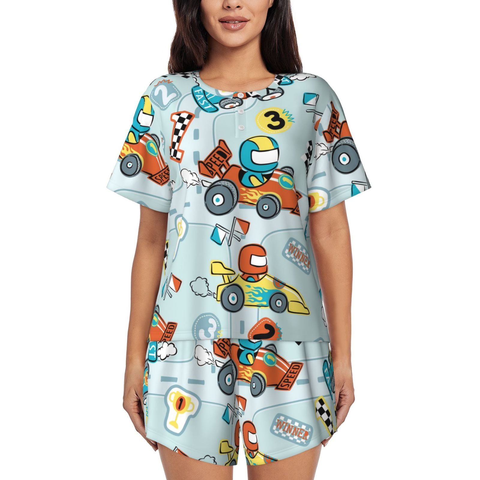 Cauagu Cartoon Car Racing for Women's Round Neck Pajama Set,Short ...