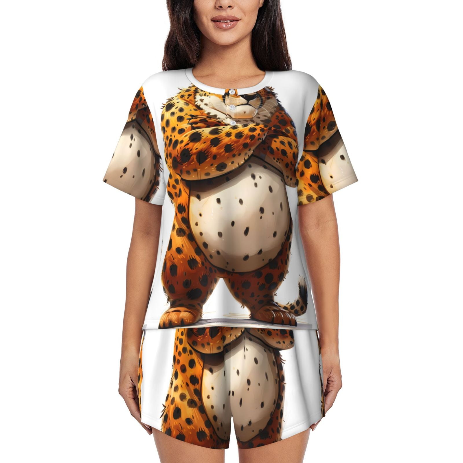 Cauagu Cartoon Cheetah With Attitude for Women's Round Neck Pajama Set ...