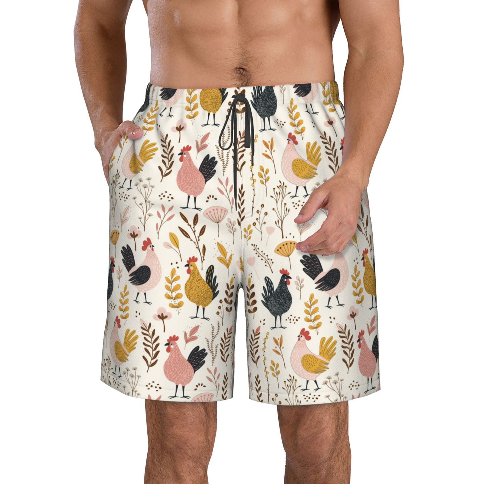 Cauagu Cartoon Chickens Print Men's Swim Trunks,Hawaiian Bathing Suit ...
