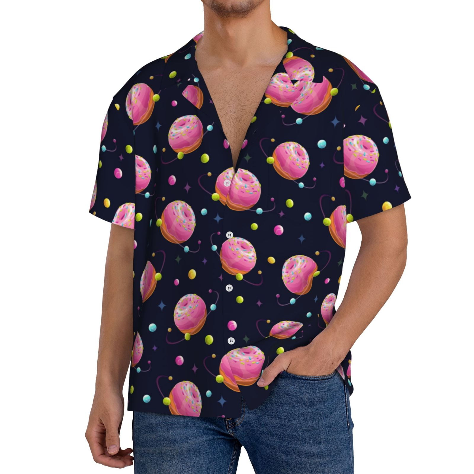 Cauagu Cartoon Donut Planets Men's Short Sleeve Button Down Hawaiian ...