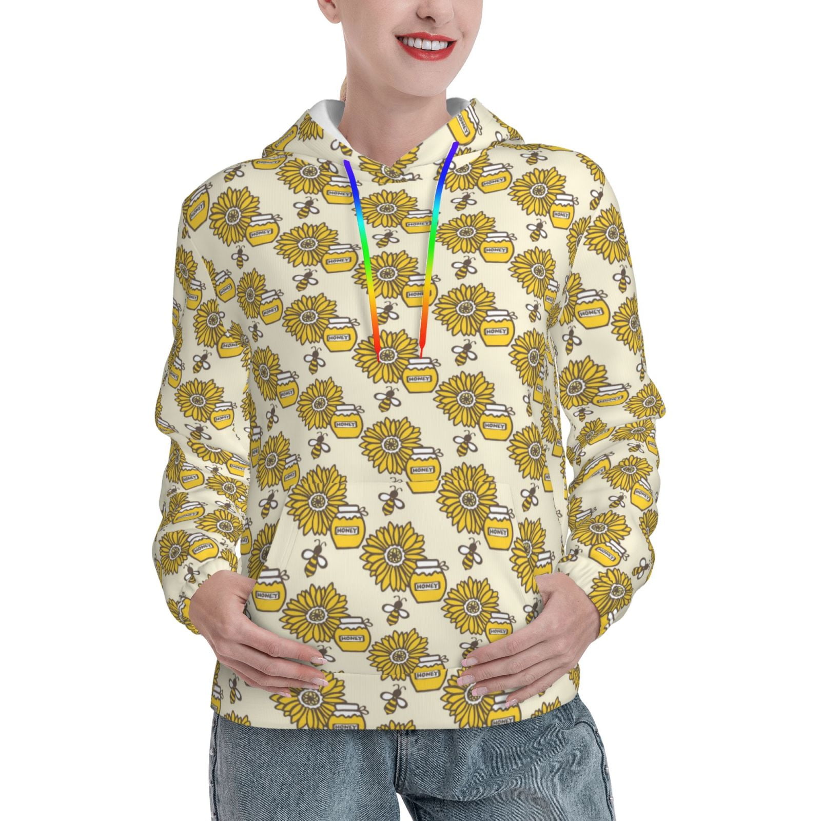 Cauagu Cartoon Honey Pot Bee Sunflower for Women's Hooded Sweatshirts Pullover Hoodie for Women ...