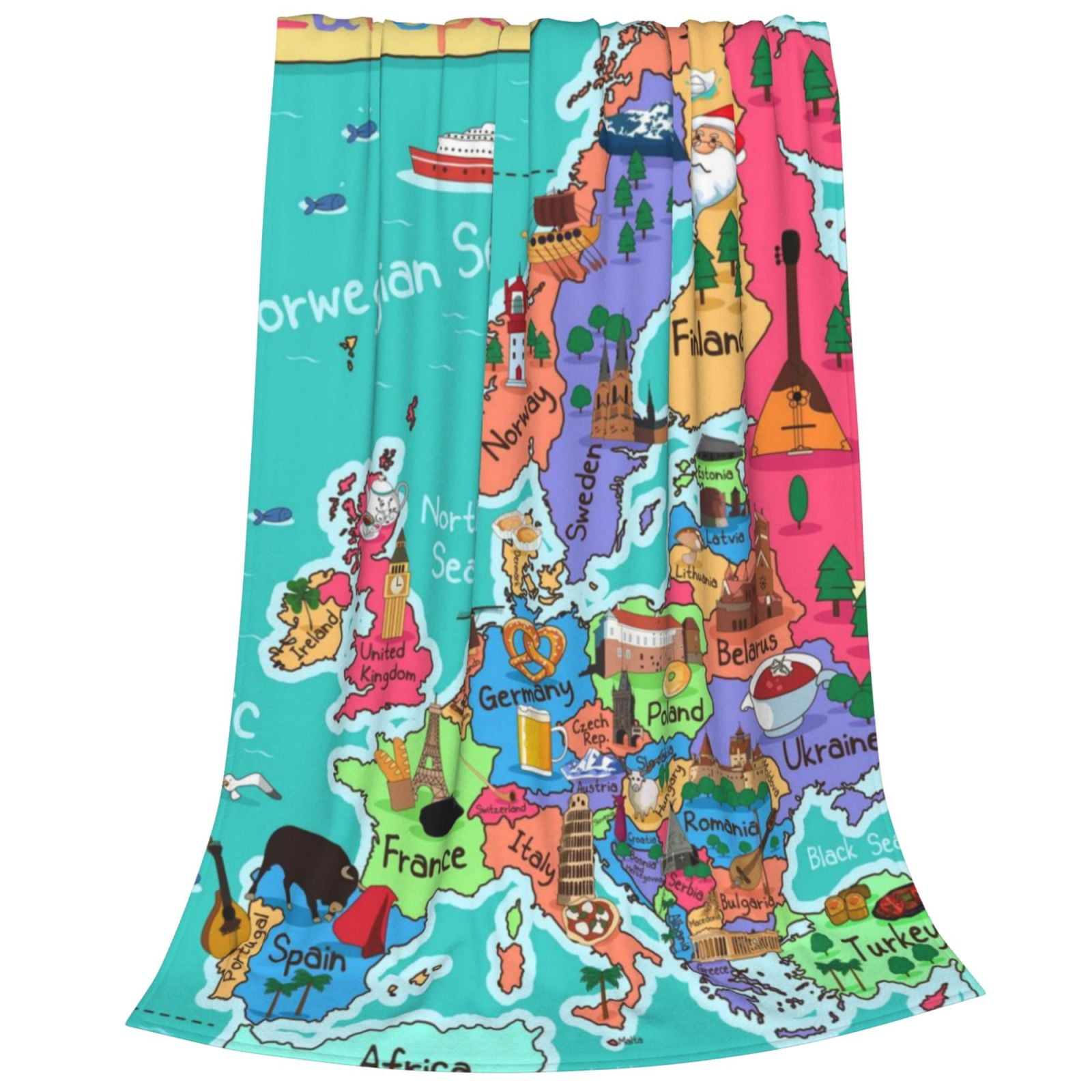 Cauagu Cartoon Map Of Europe Pattern Flannel Bed Blankets,Fleece ...