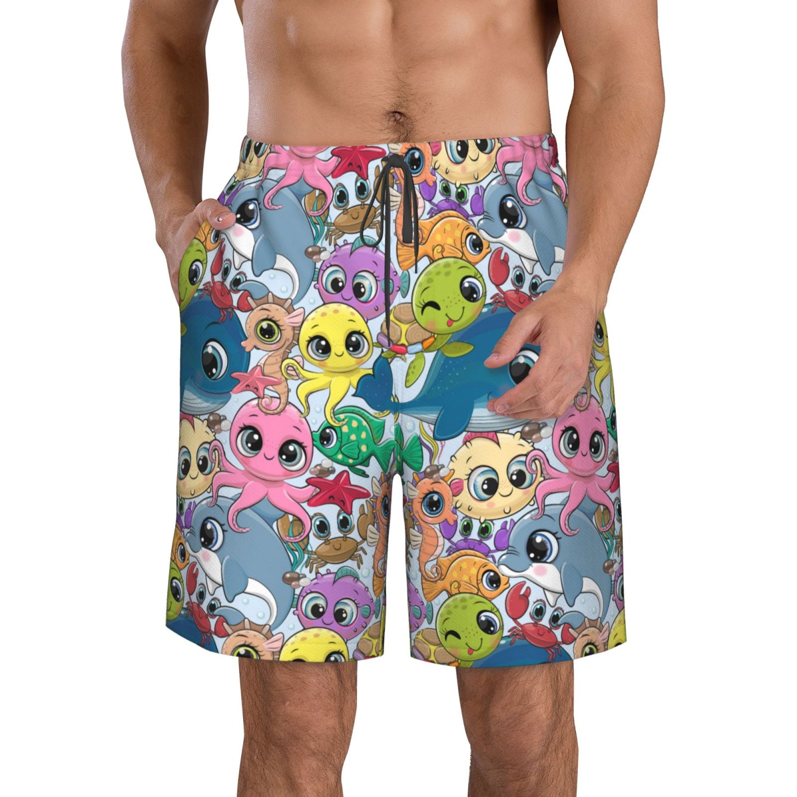 Cauagu Cartoon Marine Animals Print Men's Swim Trunks,Hawaiian Bathing Suit Swimsuits Beach ...