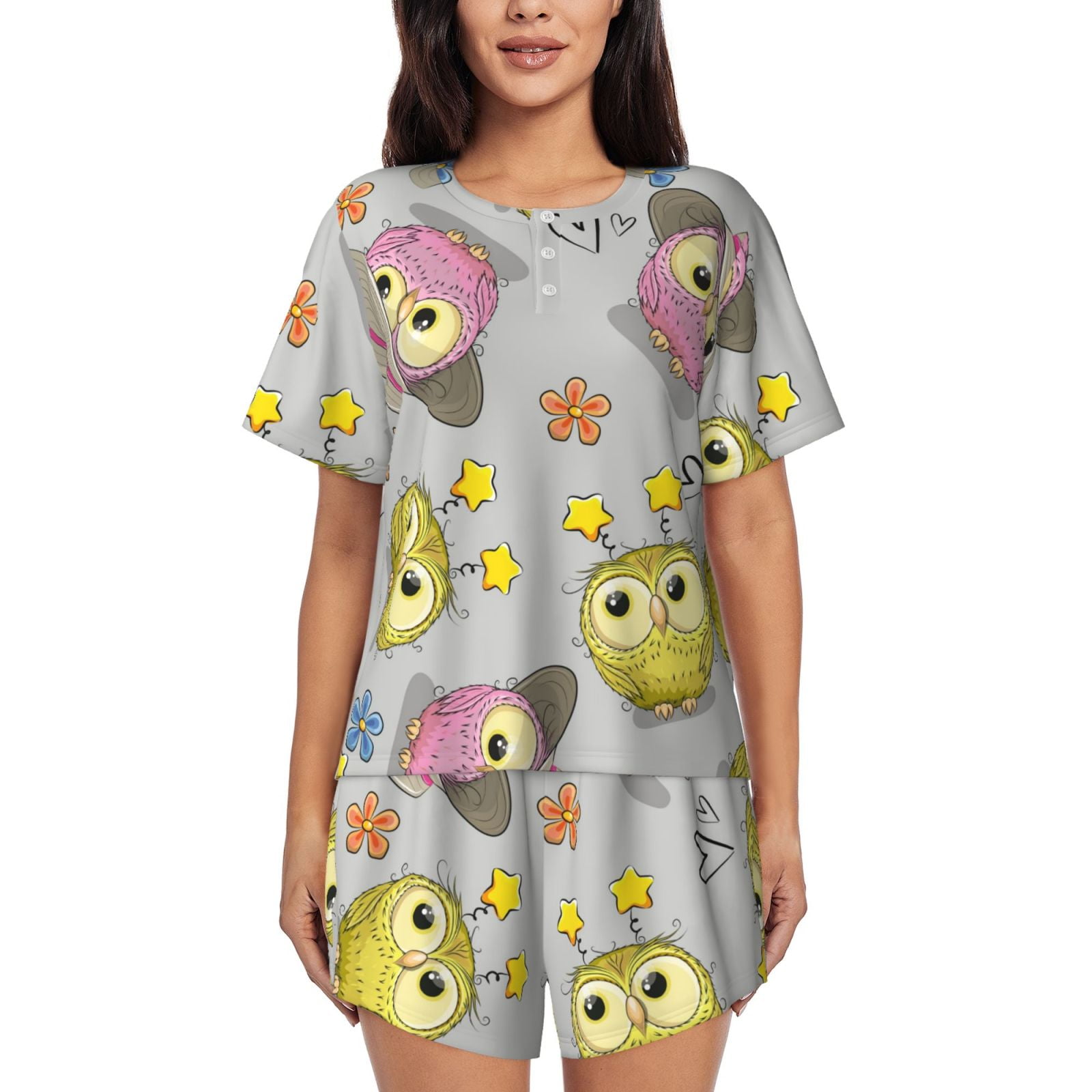 Cauagu Cartoon Owls for Women's Round Neck Pajama Set,Short-Sleeved ...