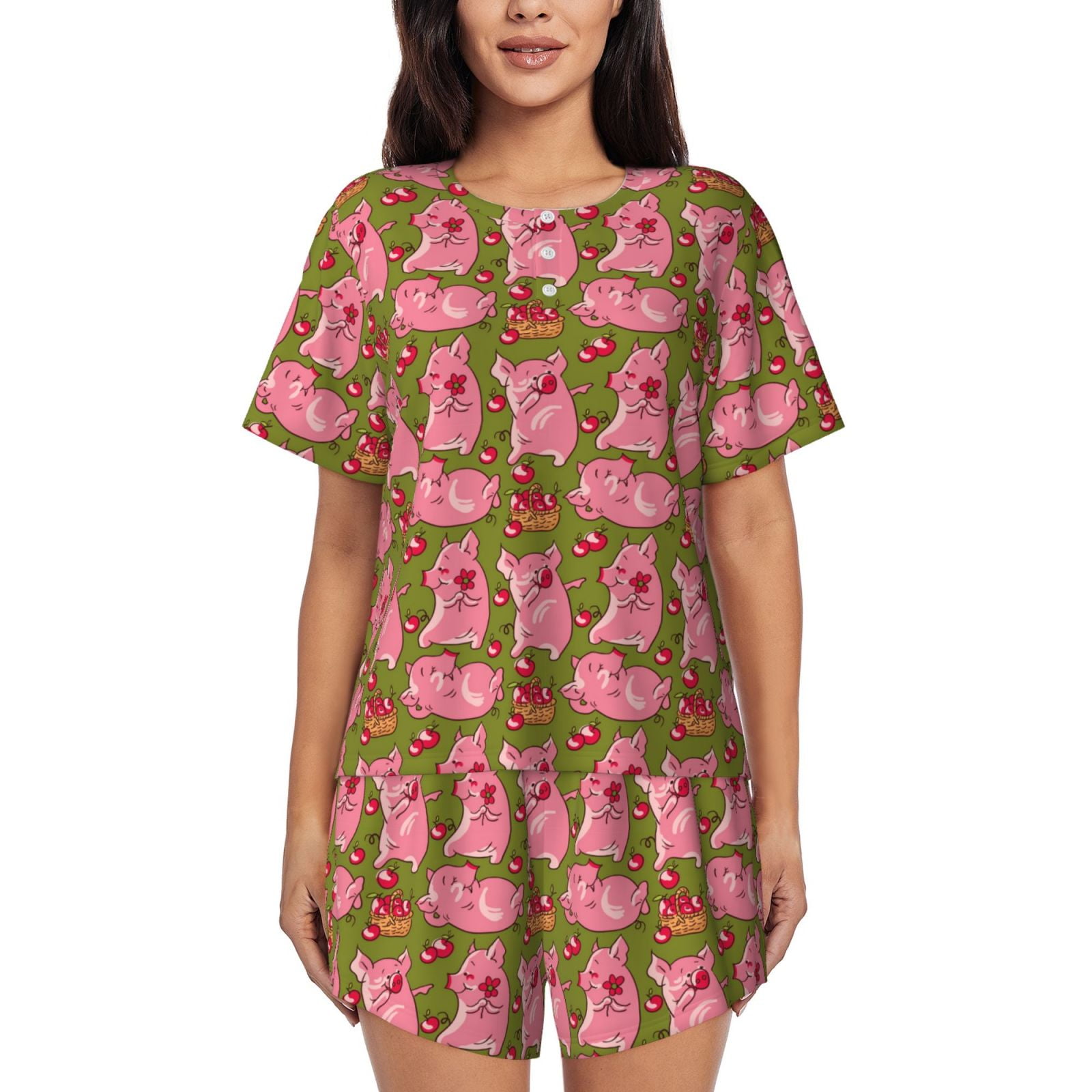 Cauagu Cartoon Pigs for Women's Round Neck Pajama Set,Short-Sleeved ...