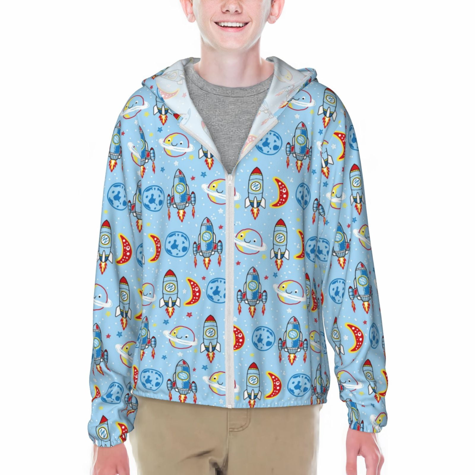 Cauagu Cartoon Rocket With Space Print Sun Protection Jacket for Teen ...