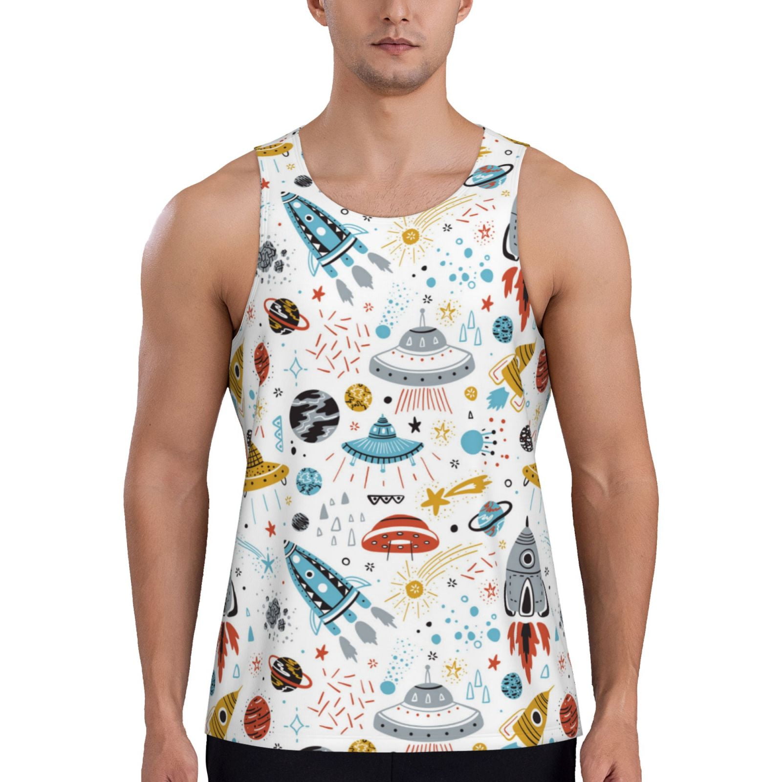 Cauagu Cartoon Space Print Men's Sleeveless Muscle Shirts,Tank Tops ...