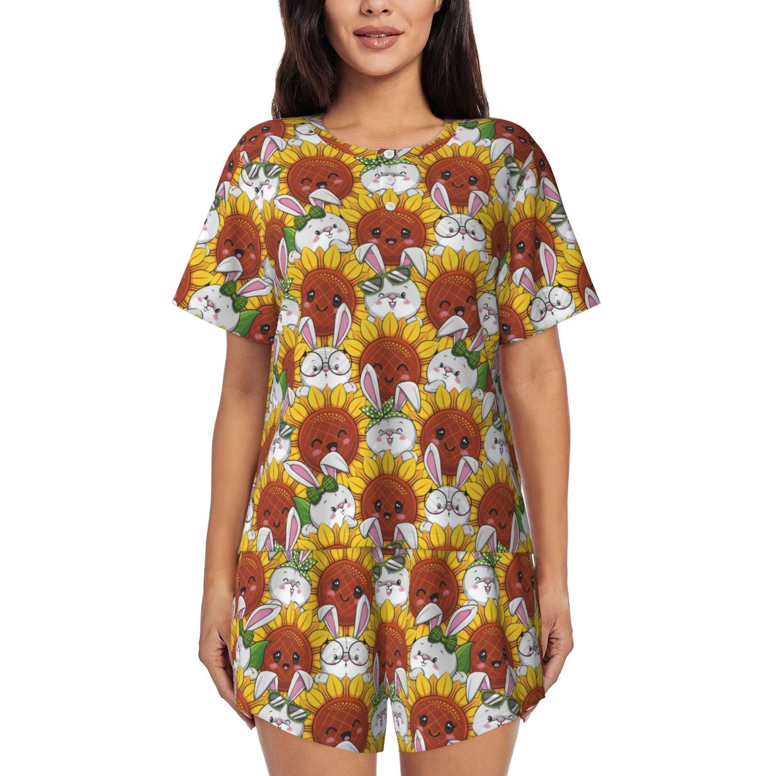 Cauagu Cartoon Sunflowers for Women's Round Neck Pajama Set,Short ...