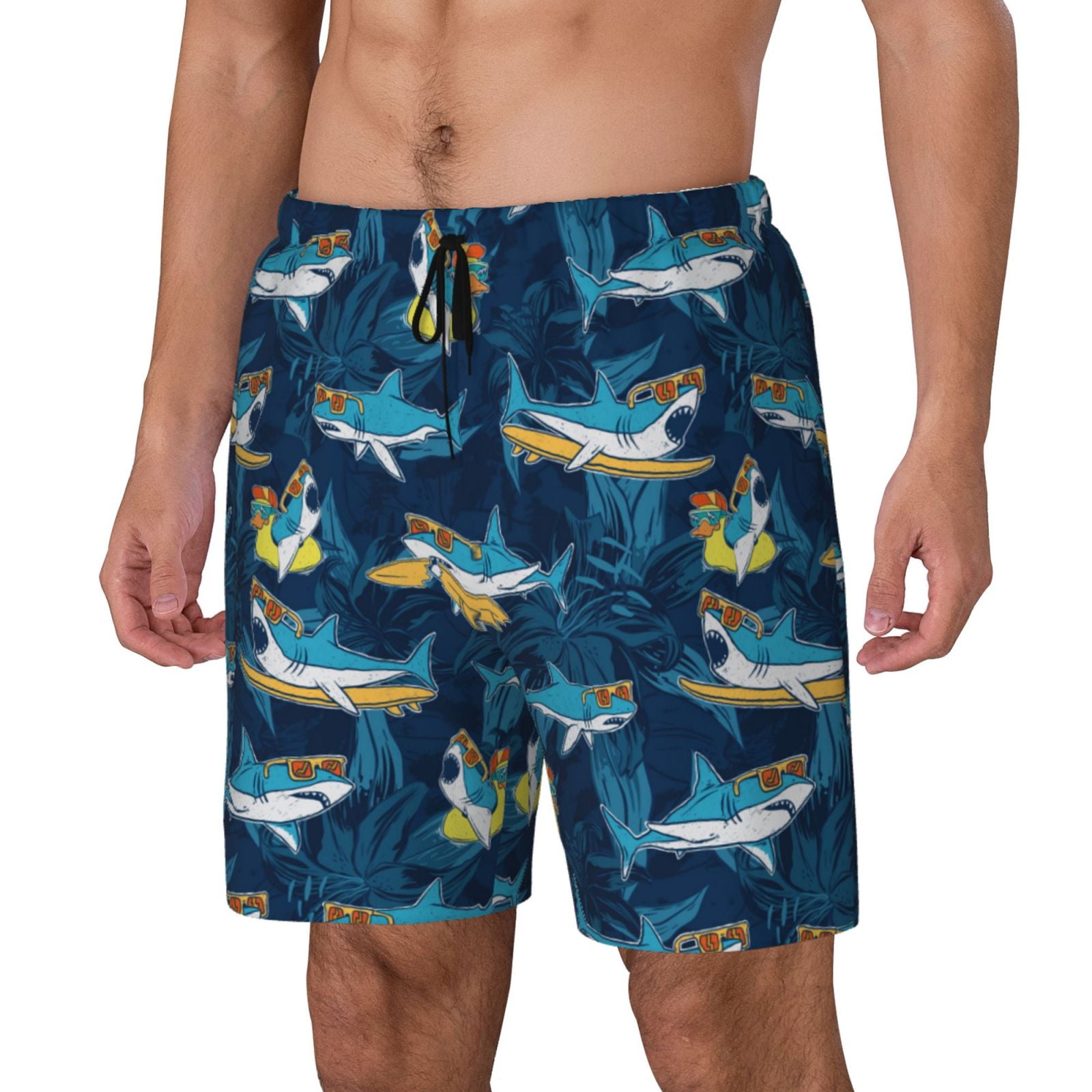 Cauagu Cartoon Surfer Sharks Print Mens Swim Trunks Quick Dry Board ...