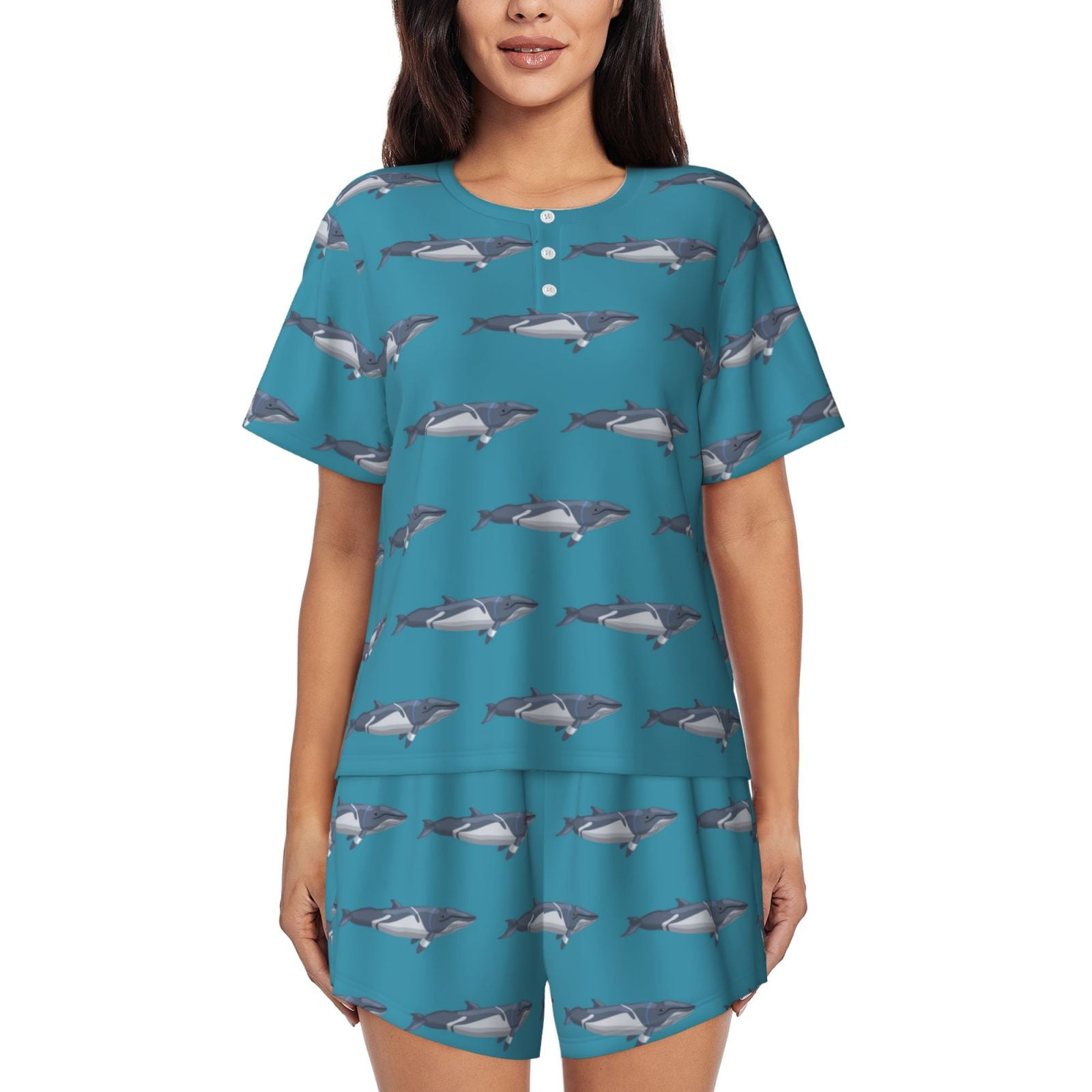 Cauagu Cartoon Whale for Women's Round Neck Pajama Set,Short-Sleeved ...