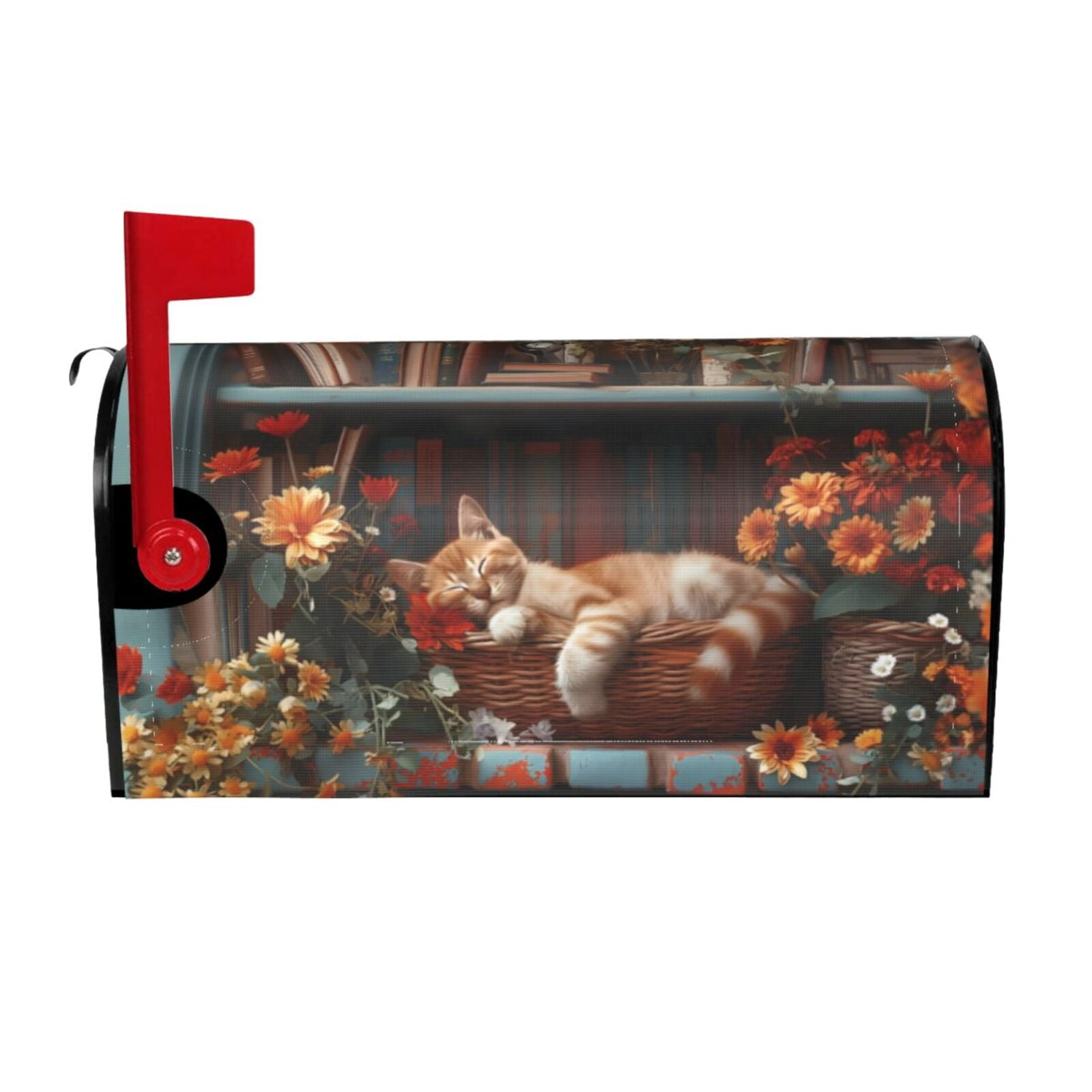 Cauagu Cat Asleep Among Flowers Pattern Magnetic Mailbox Covers ...