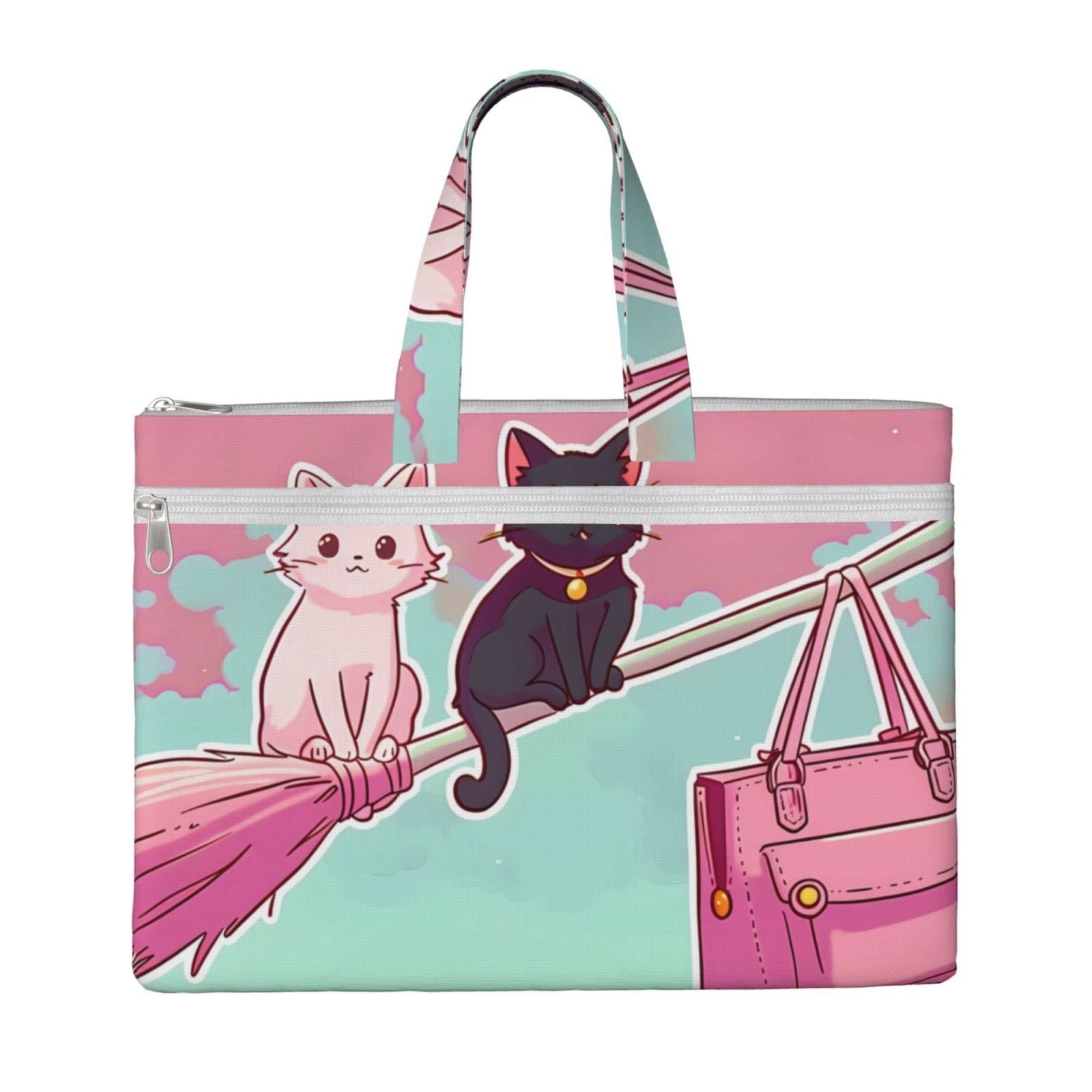 Cauagu Cats On Broomstick Pattern Canvas Tote File Bag, Zipper Tote Bag ...