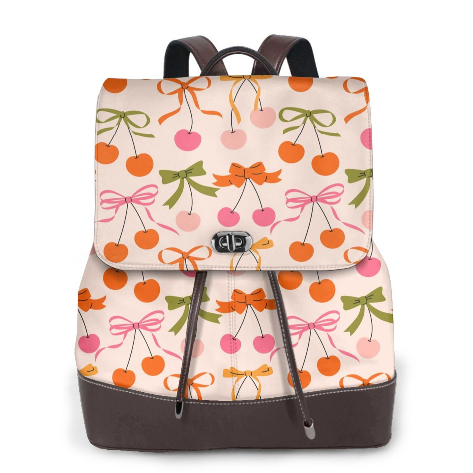 Cauagu Cherries And Bows Print Women's PU Leather Backpack,Fashion ...