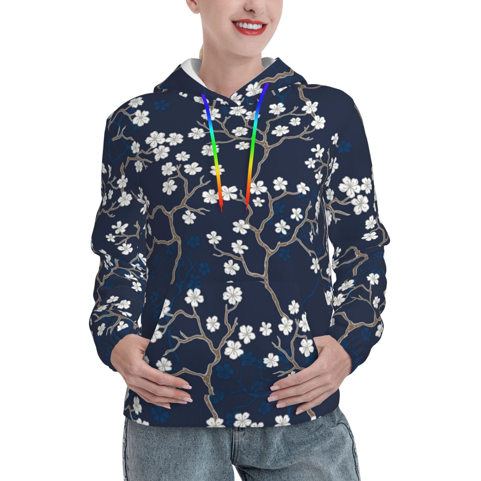 Cauagu Cherry Blossoms on Navy Background for Women's Hooded Sweatshirts Pullover Hoodie for ...
