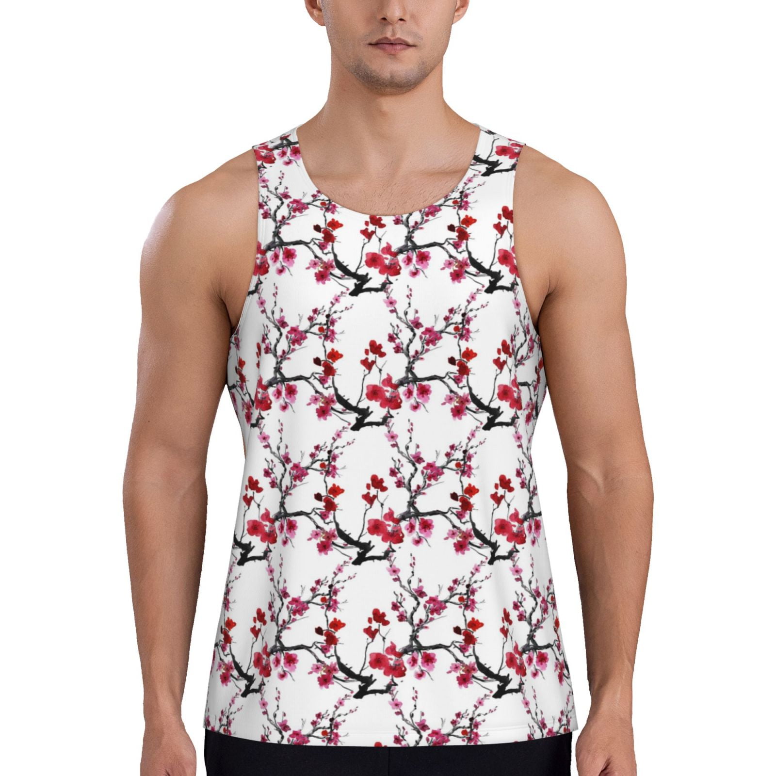 Cauagu Cherry Blossoms Print Men's Sleeveless Muscle Shirts,Tank Tops ...