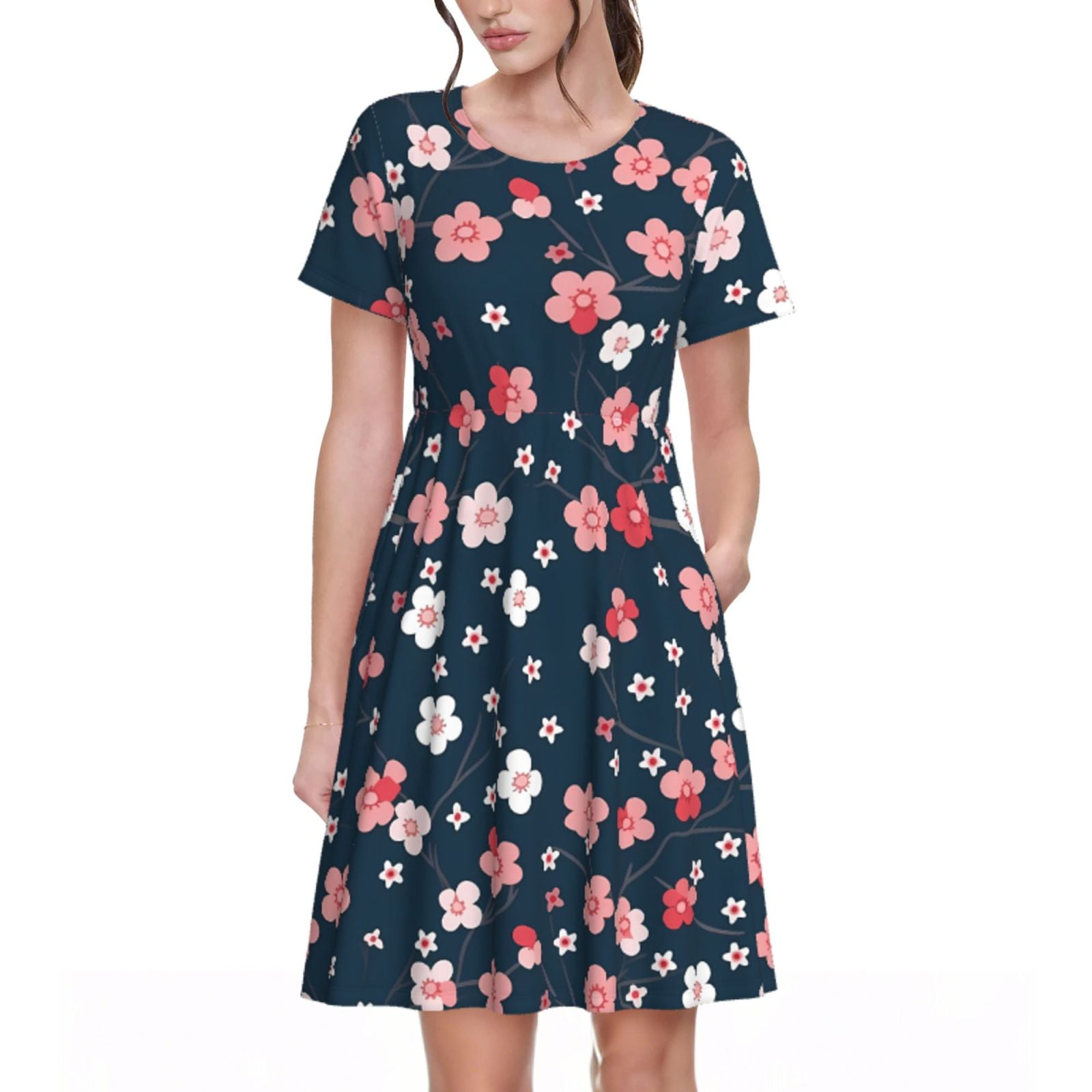 Cauagu Cherry Blossoms Print Summer Dresses for Women 2025 Loose Short Sleeve Casual Sundresses ...