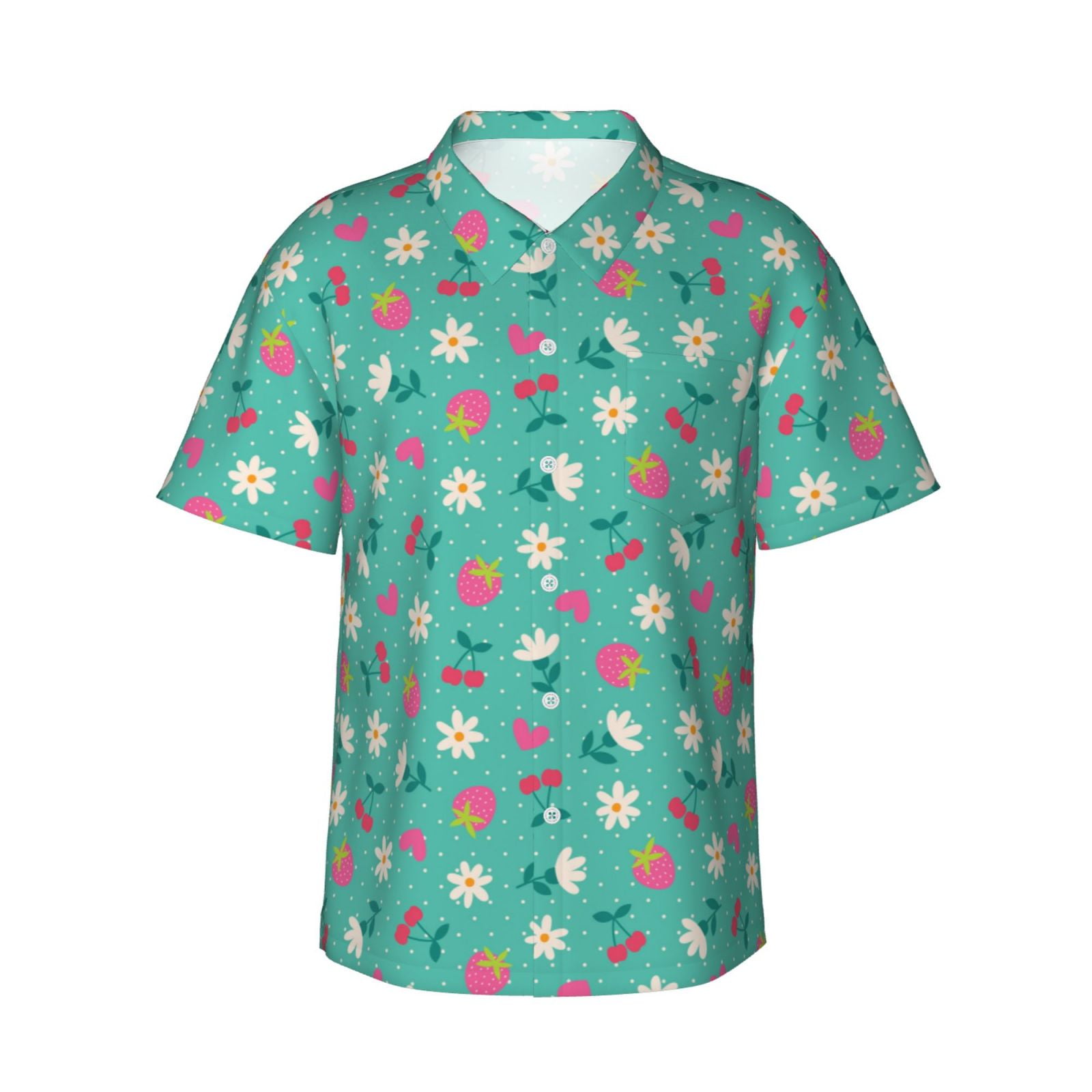 Cauagu Cherry Strawberry Floral Print Hawaiian Shirt for Men,Casual ...