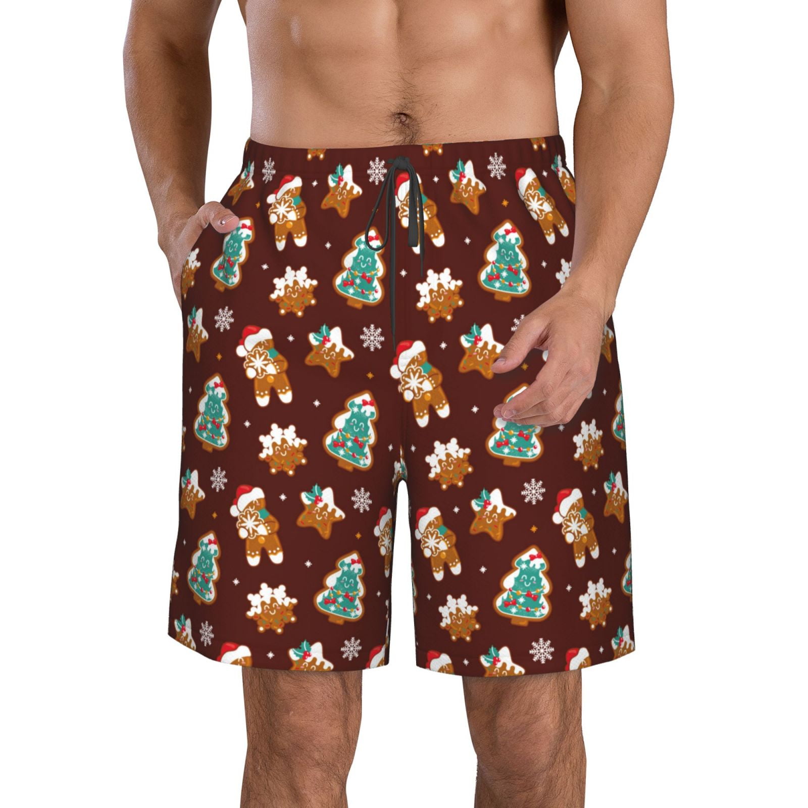 Cauagu Christmas Gingerbread Print Men's Swim Trunks,Hawaiian Bathing ...