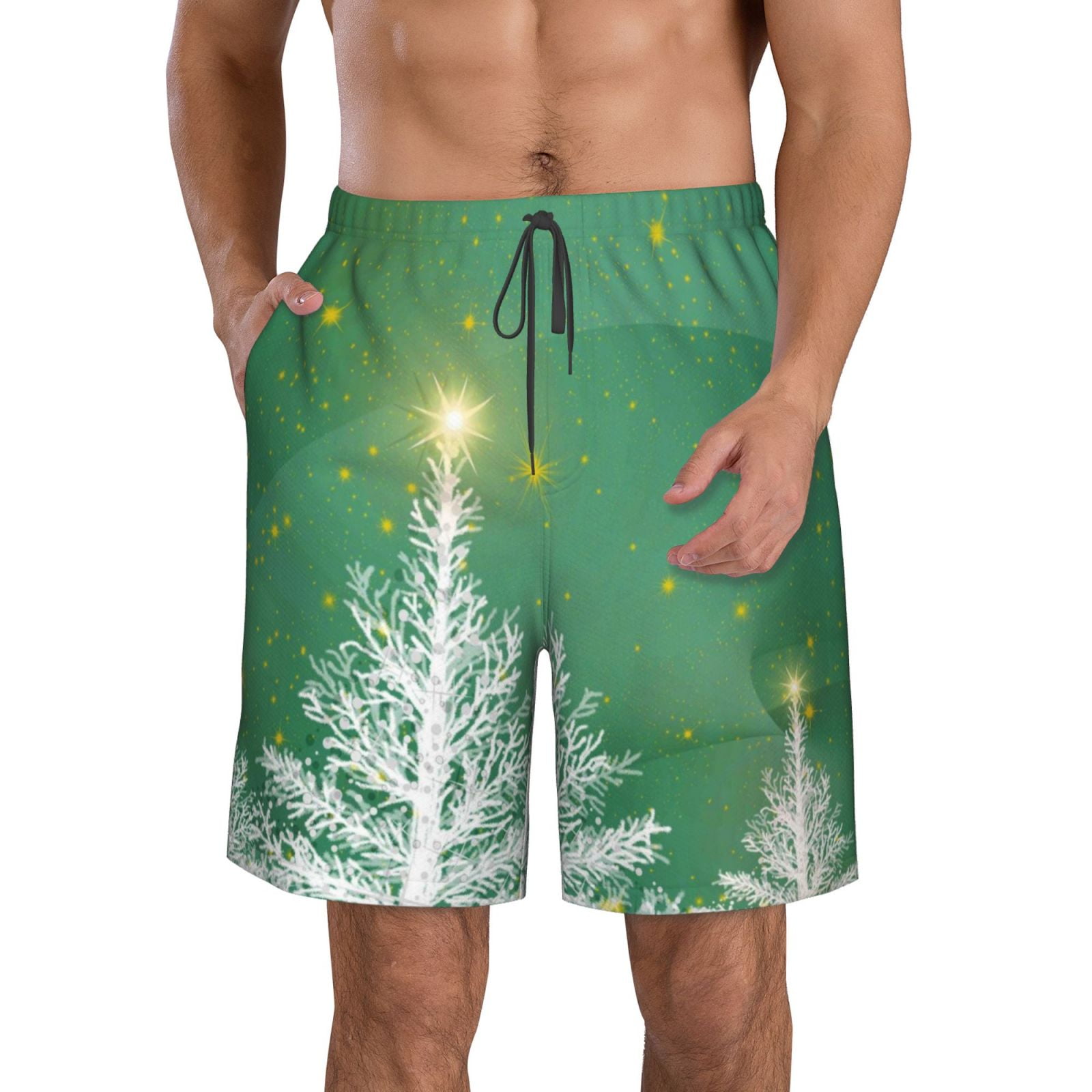 Cauagu Christmas Green Print Men's Swim Trunks,Hawaiian Bathing Suit ...