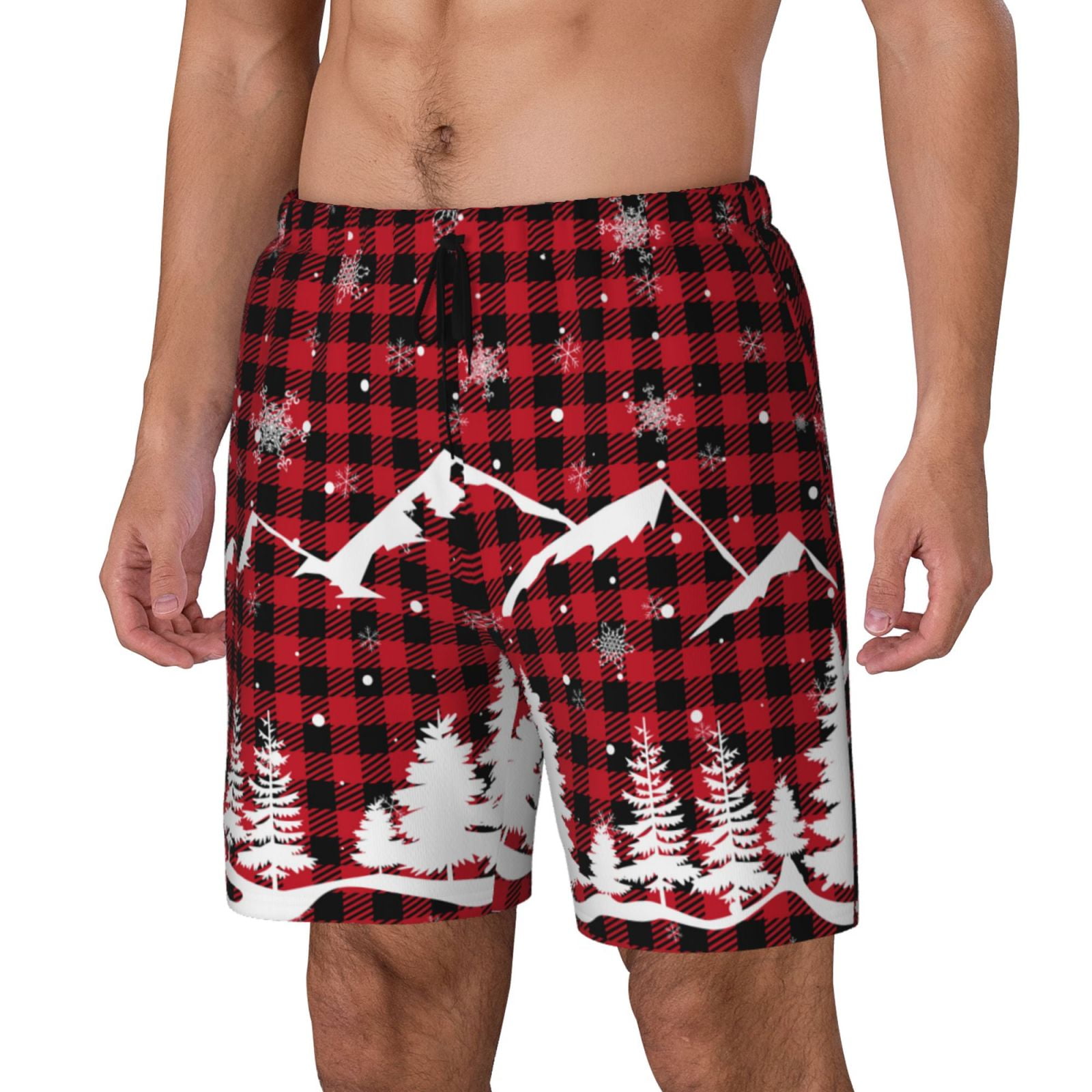 Cauagu Christmas Tree Buffalo Plaid Print Mens Swim Trunks Quick Dry ...