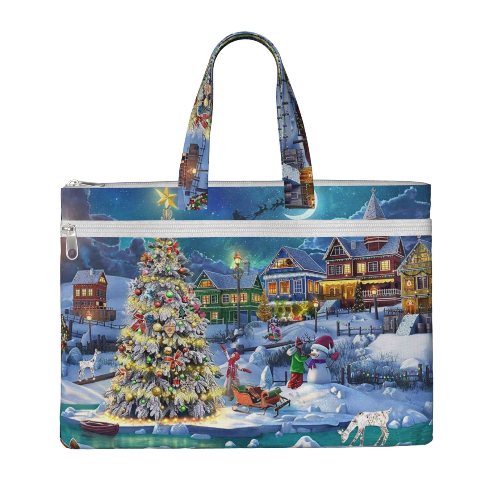 Cauagu Christmas Tree Pattern Canvas Tote File Bag, Zipper Tote Bag ...