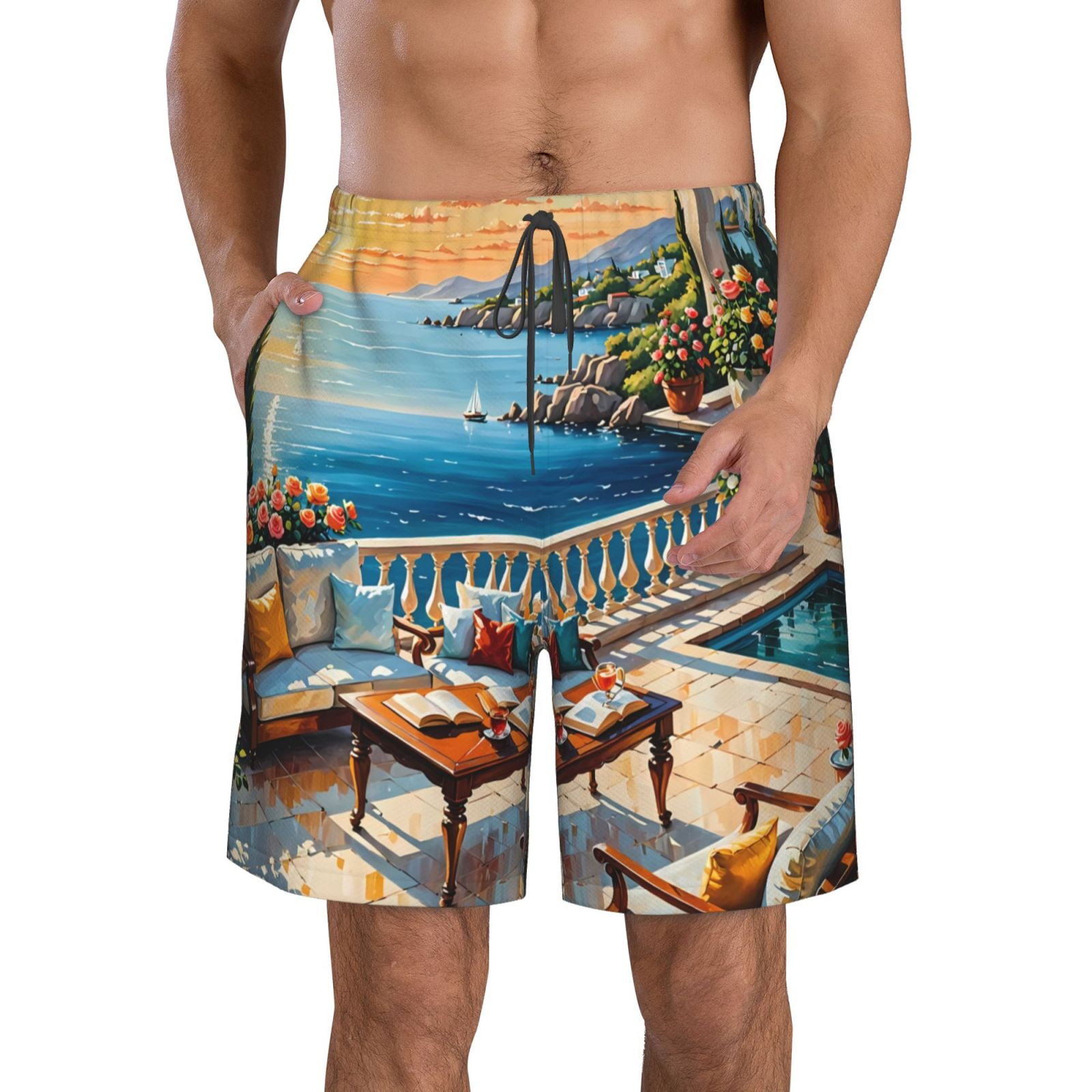 Cauagu Coastal Style Garden Villa Print Men's Swim Trunks,Hawaiian ...