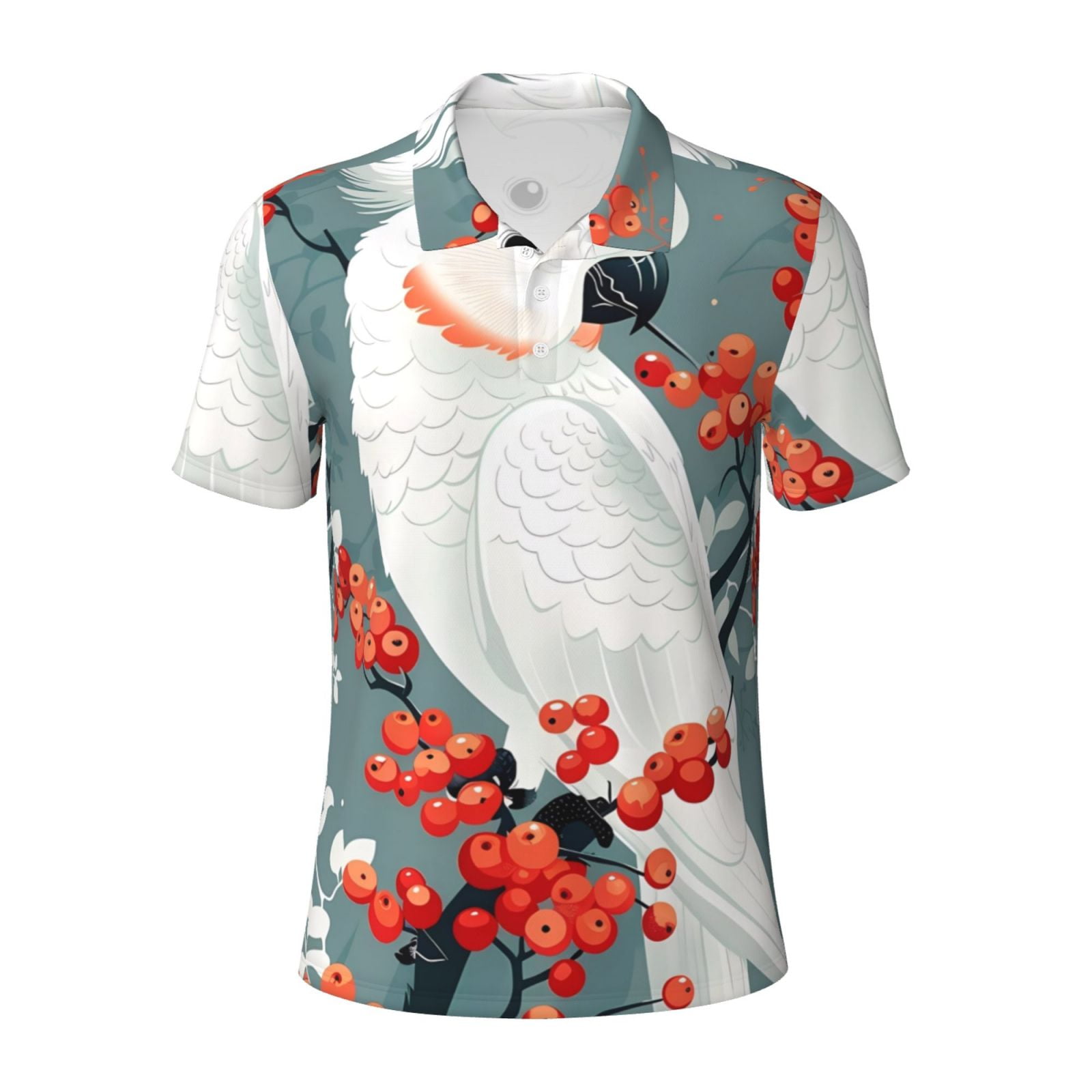 Cauagu Cockatoo Red Berries Print Men's Polo Shirts, Short-Sleeve Polo ...