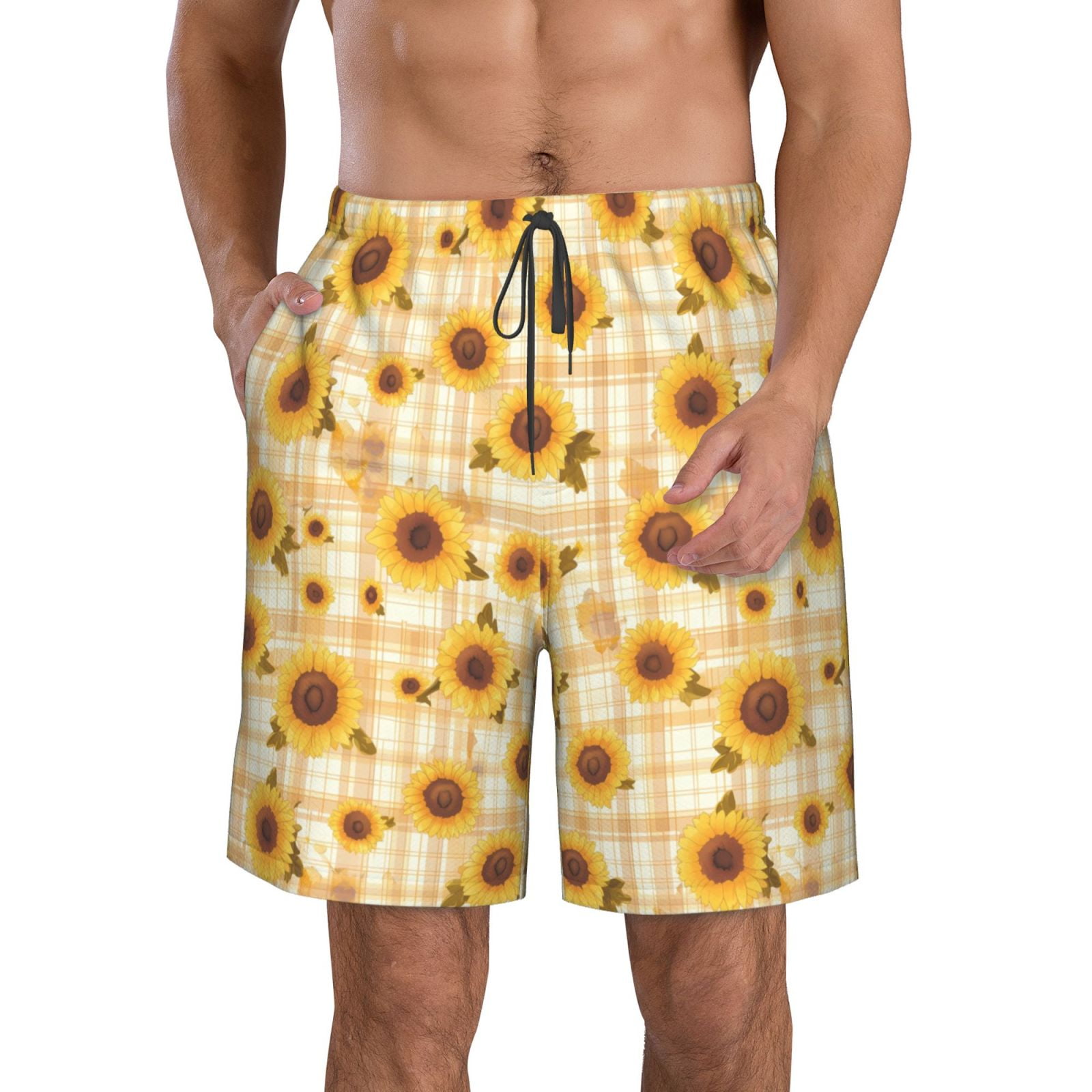 Cauagu Coffee Plaid Sunflower Print Men's Swim Trunks,Hawaiian Bathing ...