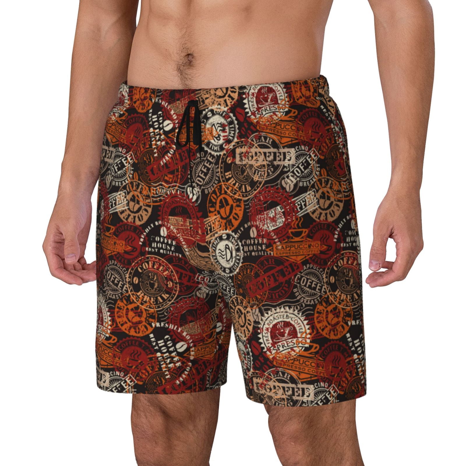 Cauagu Coffee Stamp Print Mens Swim Trunks Quick Dry Board Shorts Swim ...