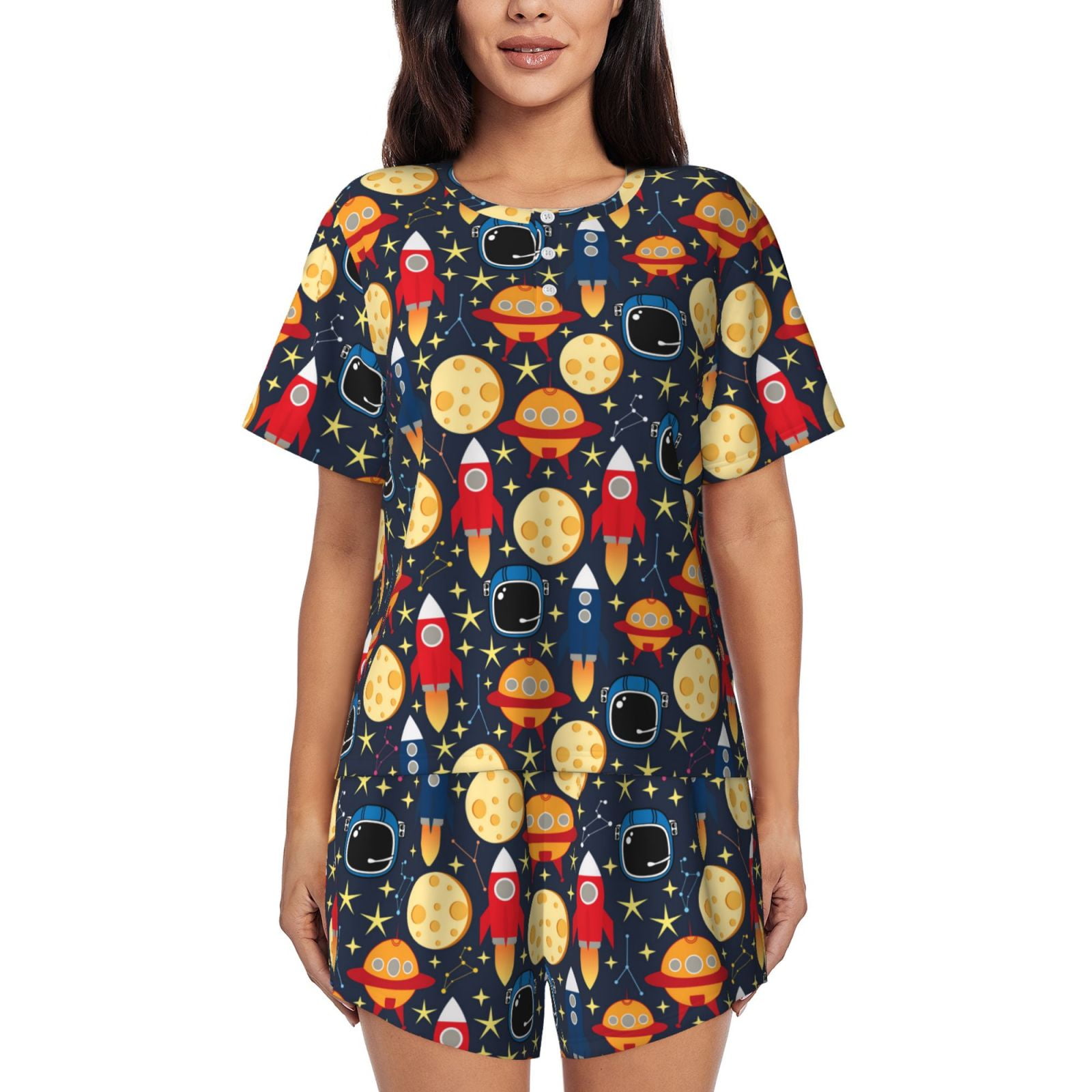 Cauagu Colorful Astronomy for Women's Round Neck Pajama Set,Short-Sleeved Pajamas Soft Sleepwear ...