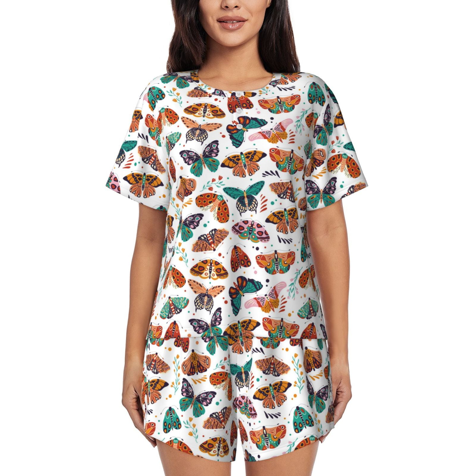 Cauagu Colorful Butterfly for Women's Round Neck Pajama Set,Short-Sleeved Pajamas Soft Sleepwear ...
