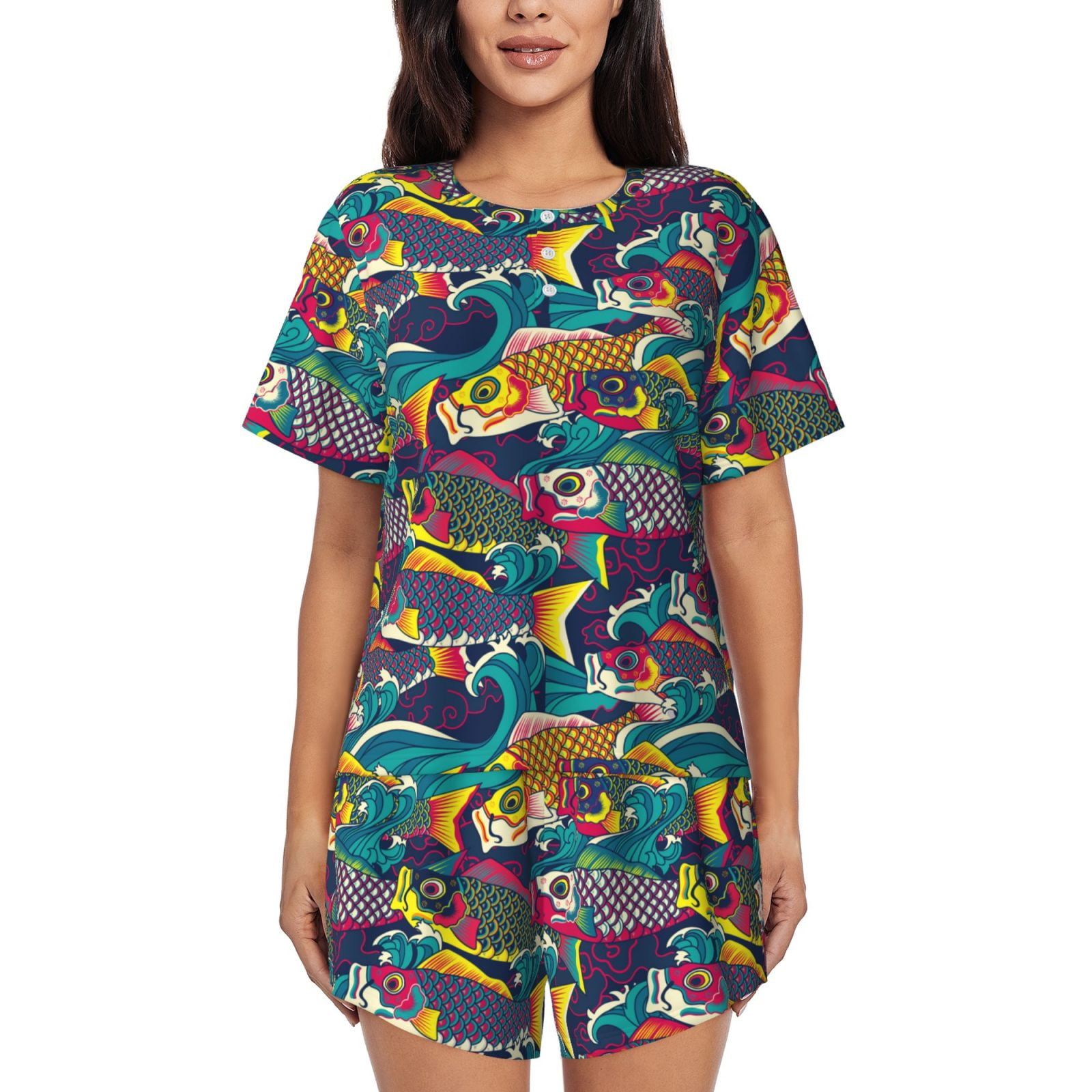 Cauagu Colorful Carp Streamer for Women's Round Neck Pajama Set,Short ...