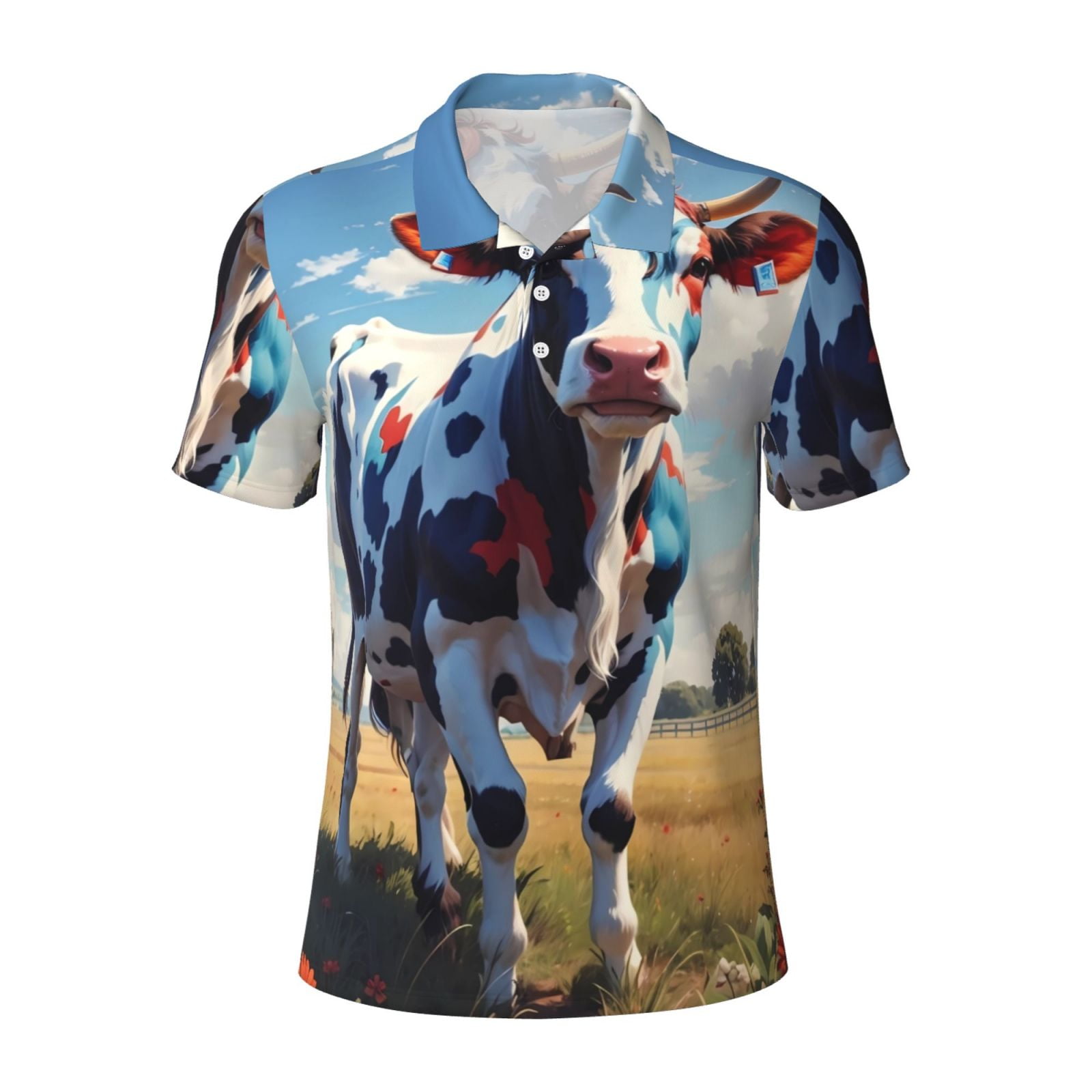 Cauagu Colorful Cow Pasture Print Men's Polo Shirts, Short-Sleeve Polo ...