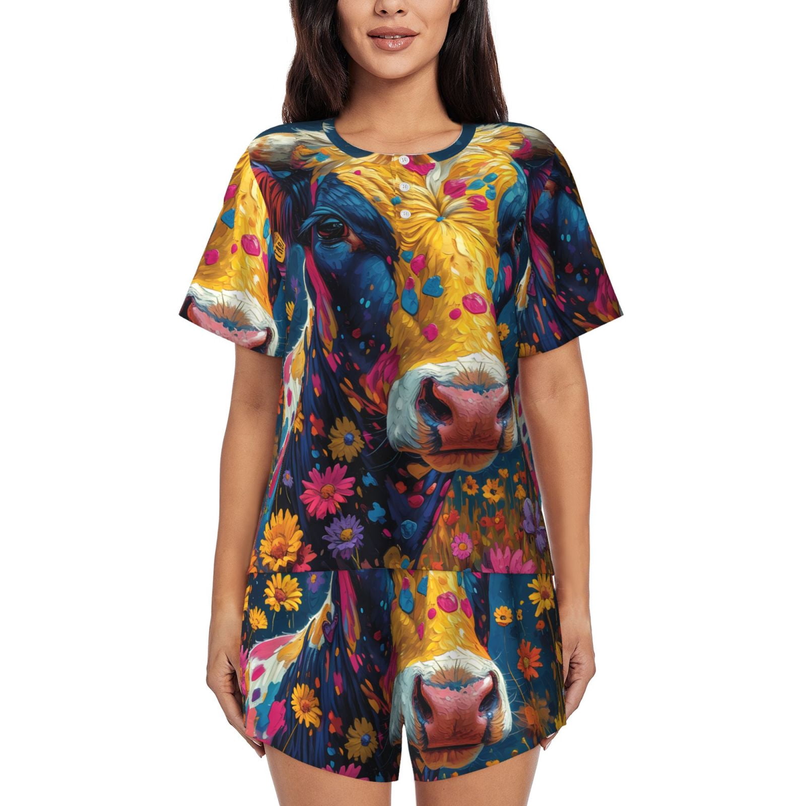 Cauagu Colorful Daisy Sunflower Cow for Women's Round Neck Pajama Set ...