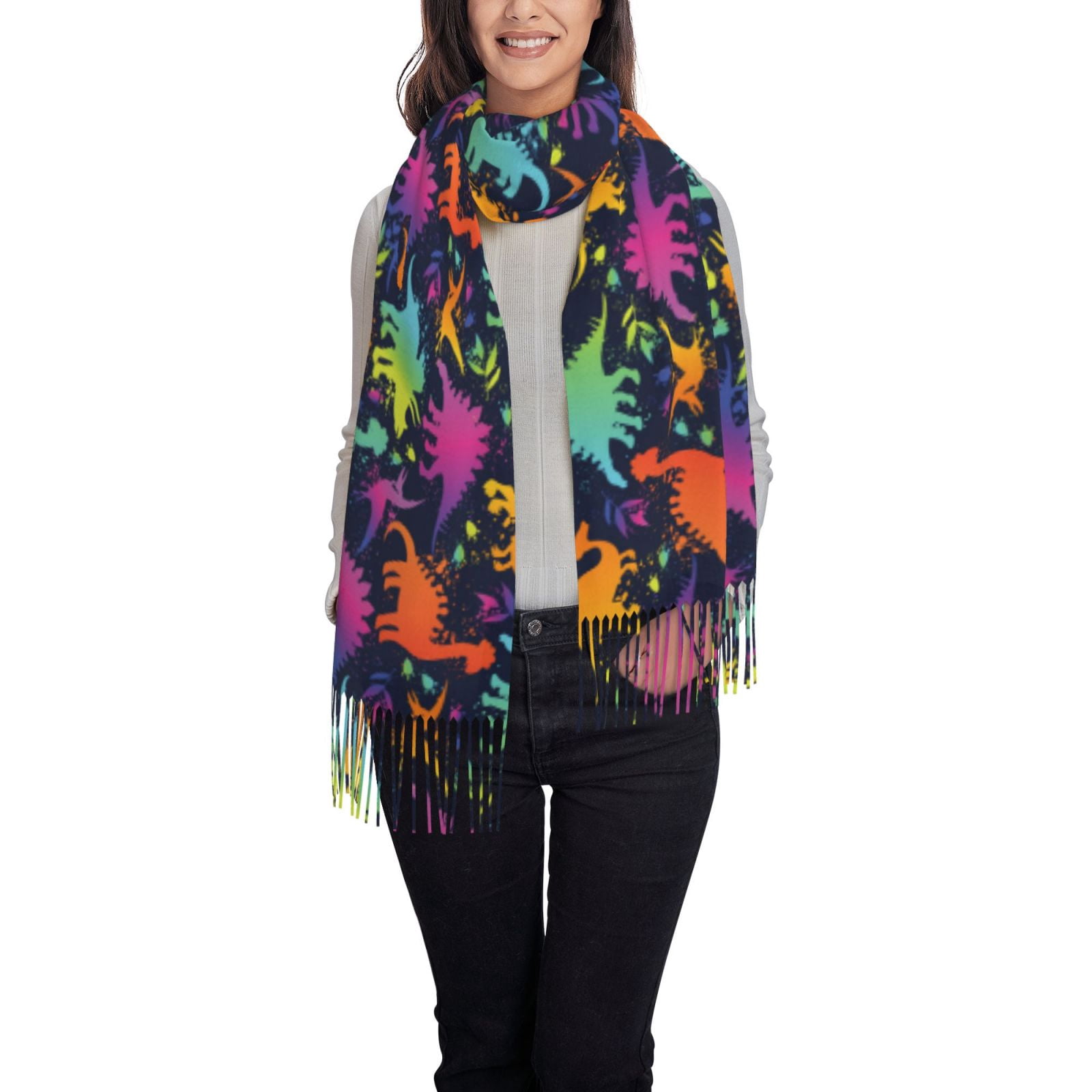 Cauagu Colorful Dinosaur Print Women Wrap Shawl tassels Scarves Retro ...