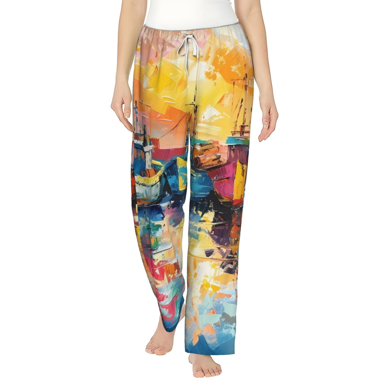 Cauagu Colorful Fishing Boats Pajama Pants for Women Loose Fit Wide Leg ...