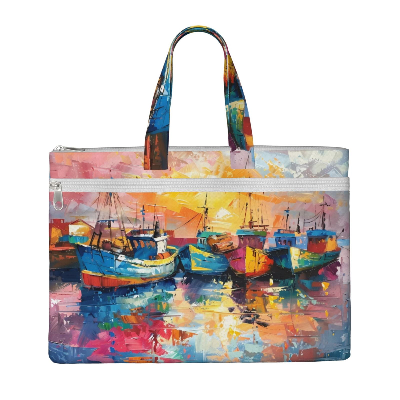 Cauagu Colorful Fishing Boats Pattern Canvas Tote File Bag, Zipper Tote ...