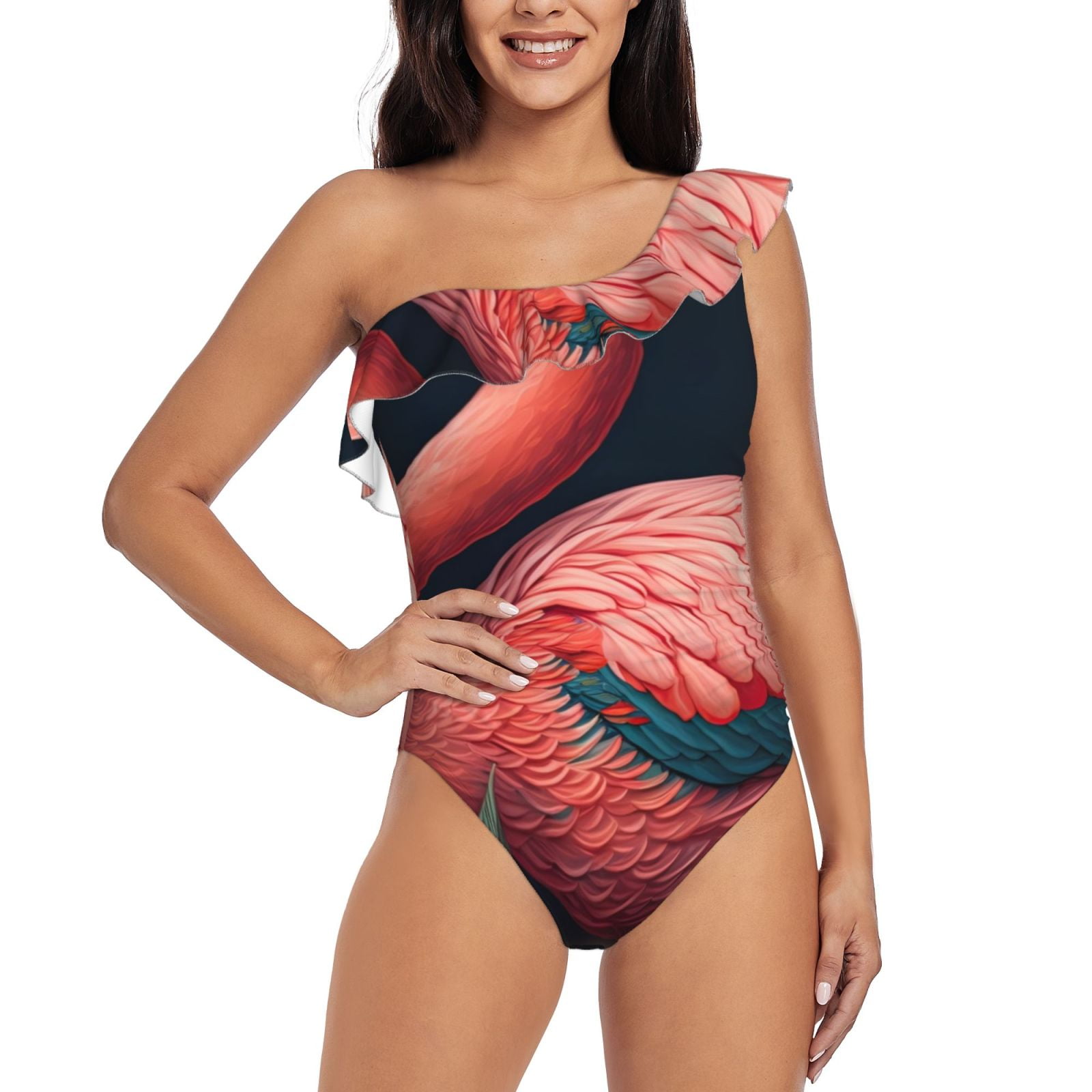 Cauagu Colorful Floral Flamingo Print Women's Sexy One Piece Swimsuits One Shoulder Ruffle Tummy ...