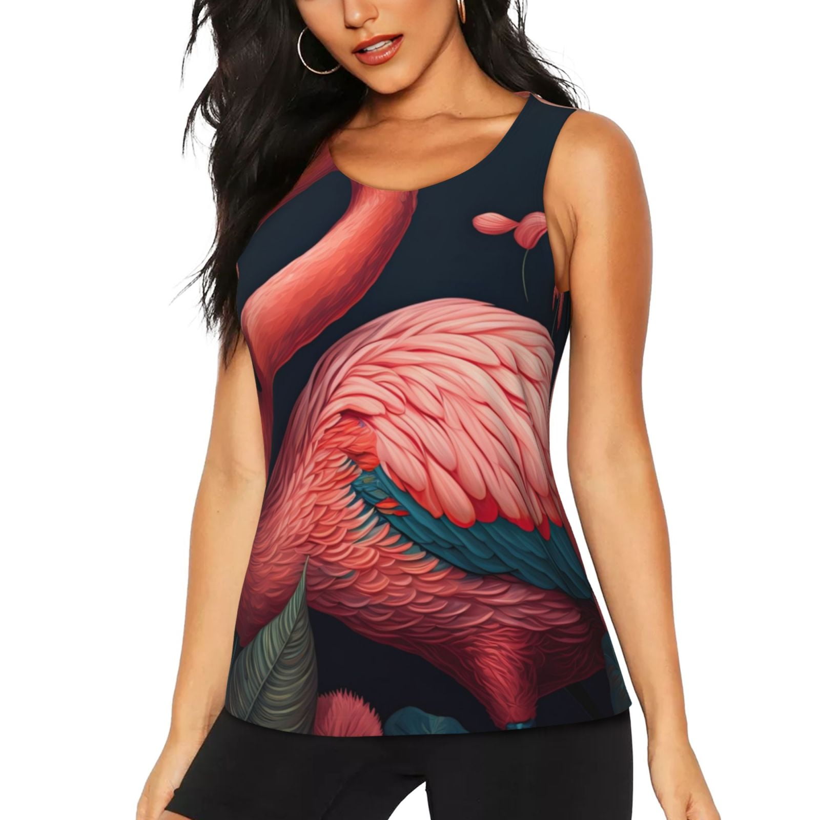Cauagu Colorful Floral Flamingo for Women's Workout Tank Tops Sleeveless Running Loose Athletic ...