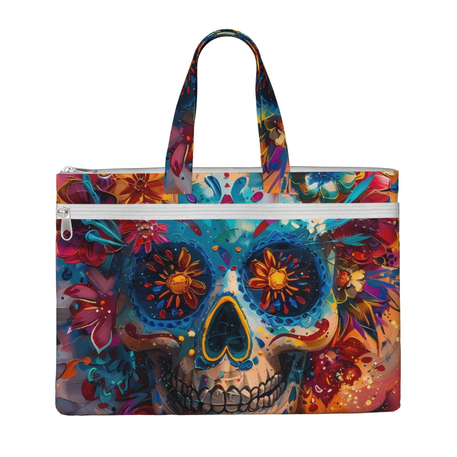 Cauagu Colorful Floral Skull A Pattern Canvas Tote File Bag, Zipper ...